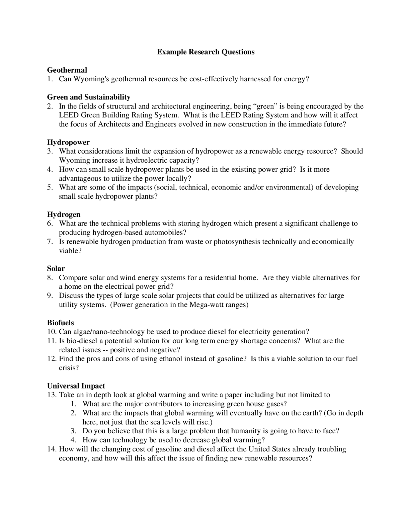 Example Research Questions - Orientation to Engineering | ES 1000 ...