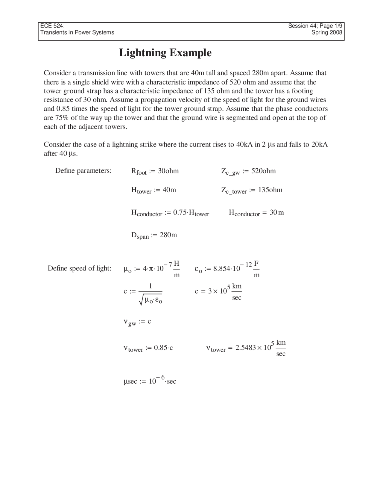 Lightning Example Transients In Power Systems Ece 524 Docsity