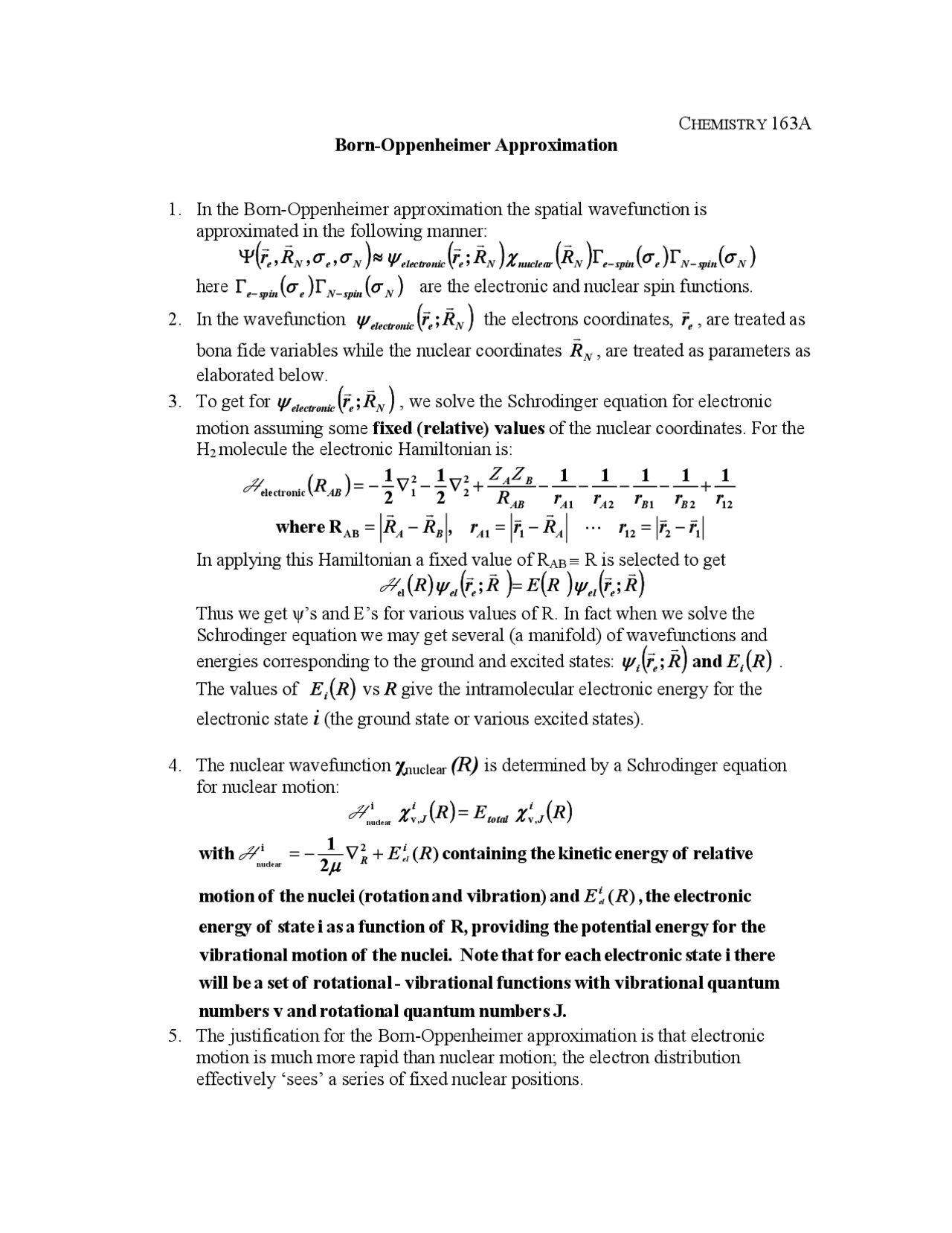 Lecture Notes On Born Oppenheimer Approximation Chem 163 Docsity