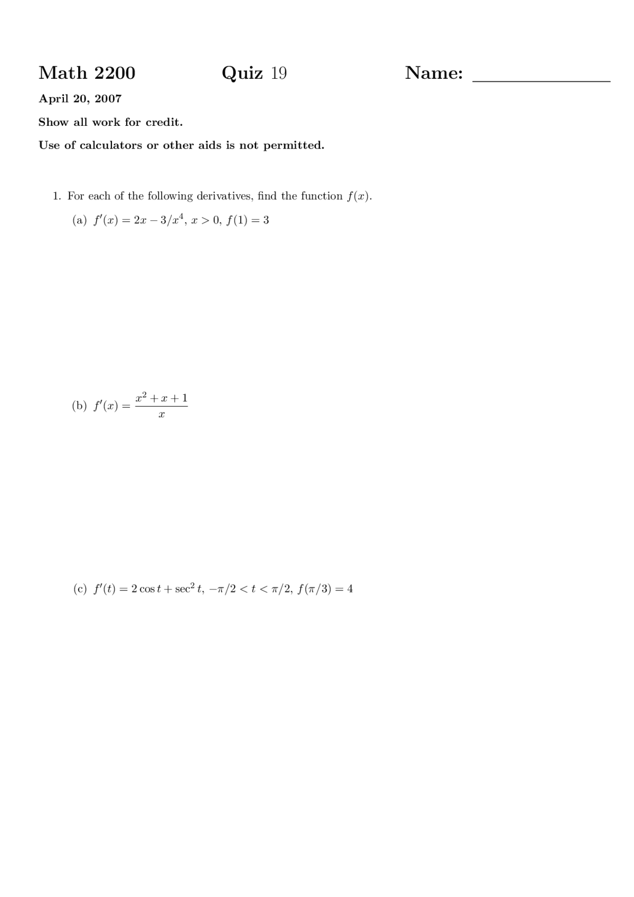 Sample Problems For Quiz 19 Calculus I Math 2200 Docsity
