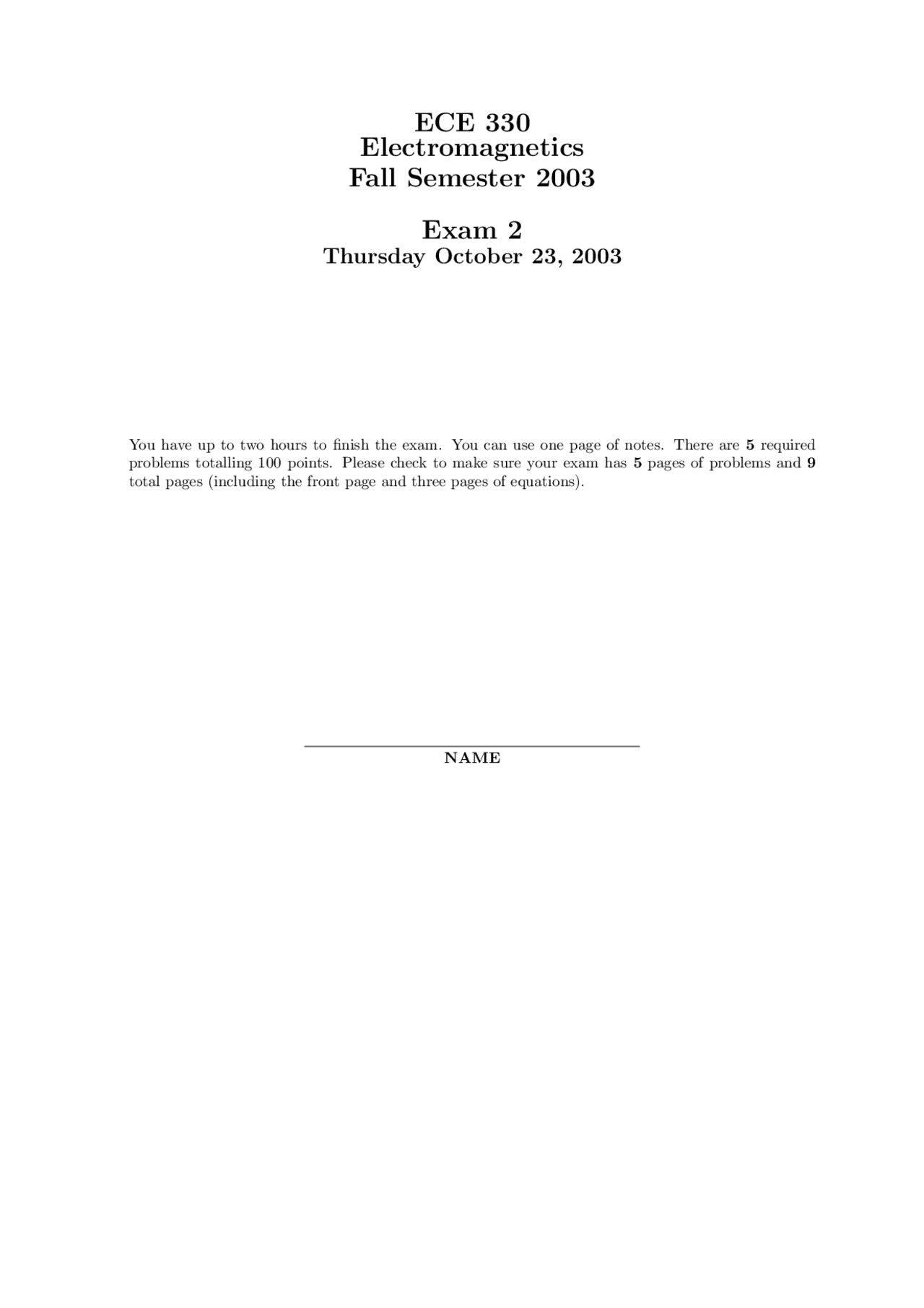 5 Questions For Exam 2 Electromagnetic Theory Ece 330 Docsity
