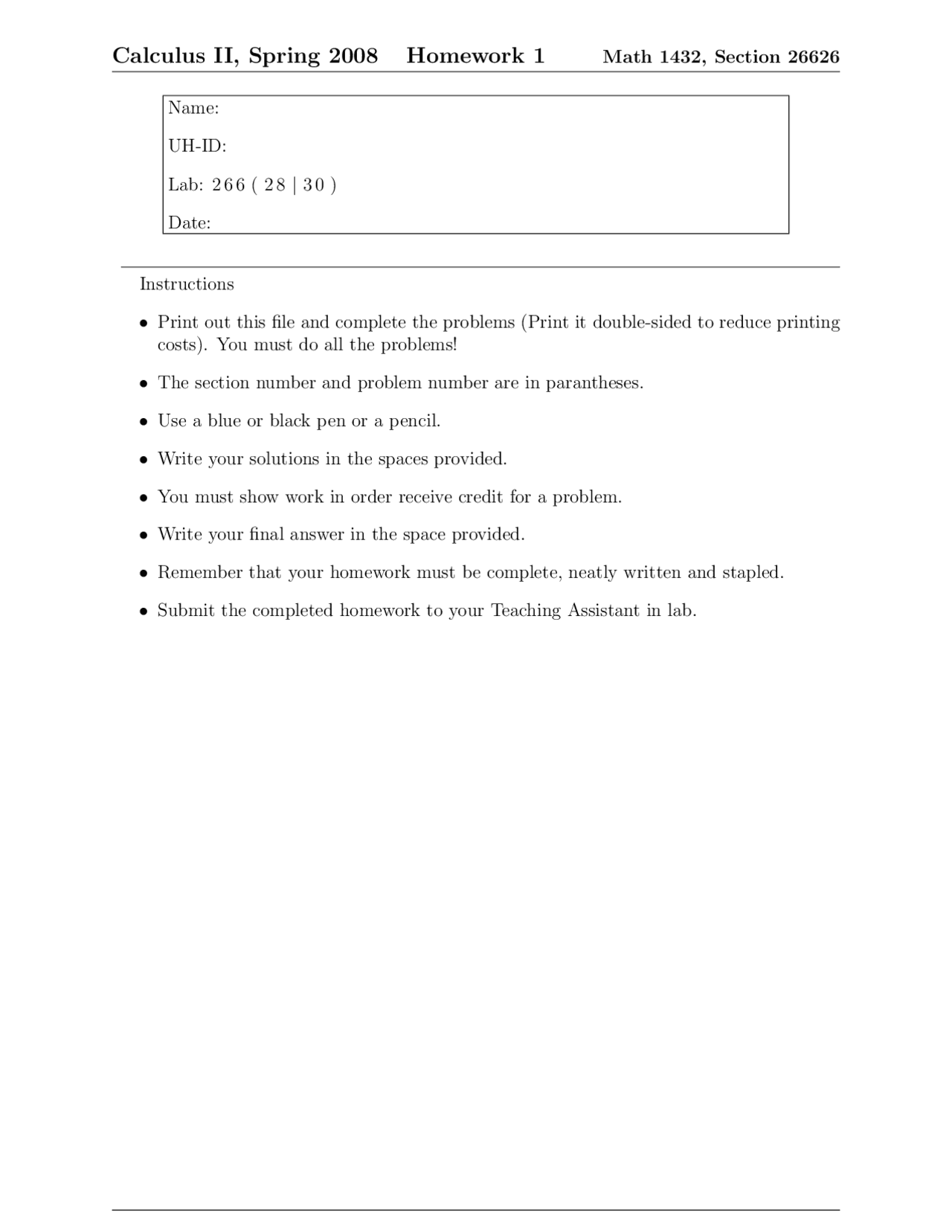 Calculus II, Spring 2008 Homework 1 for Math 1432, Section 26626 | Assignments Calculus | Docsity