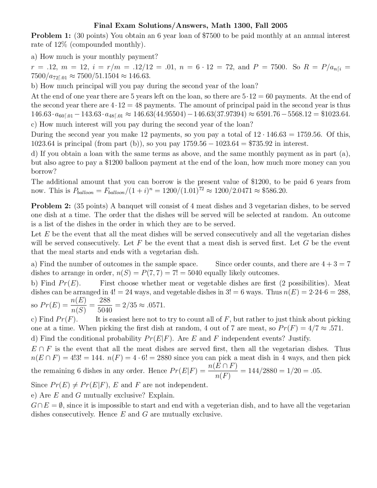 Final Exam With Answers Finite Mathematics Math 1300 Docsity