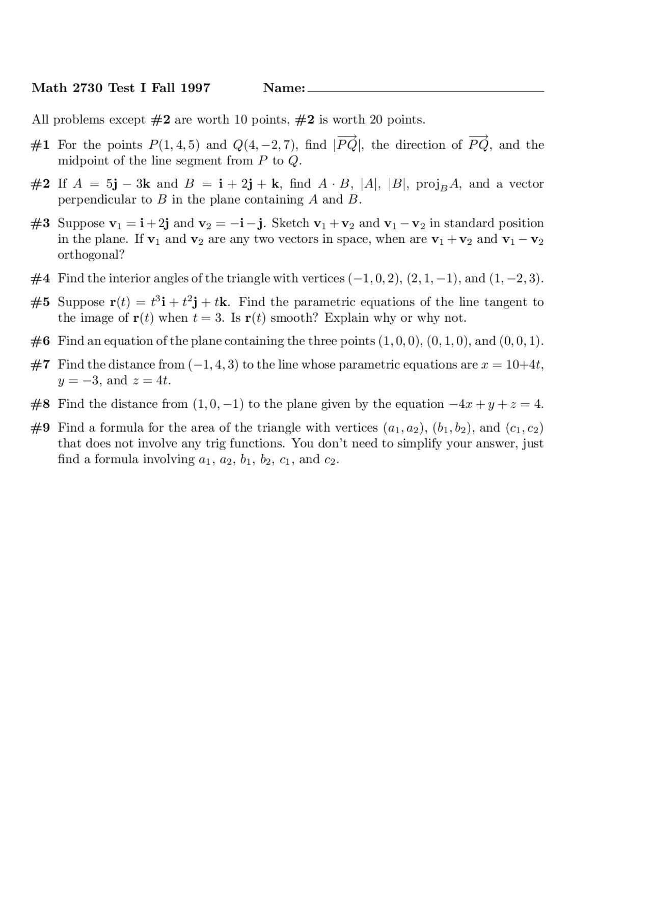 9 Questions for Test 1 - Multivariable Calculus | MATH 2730 | Exams ...