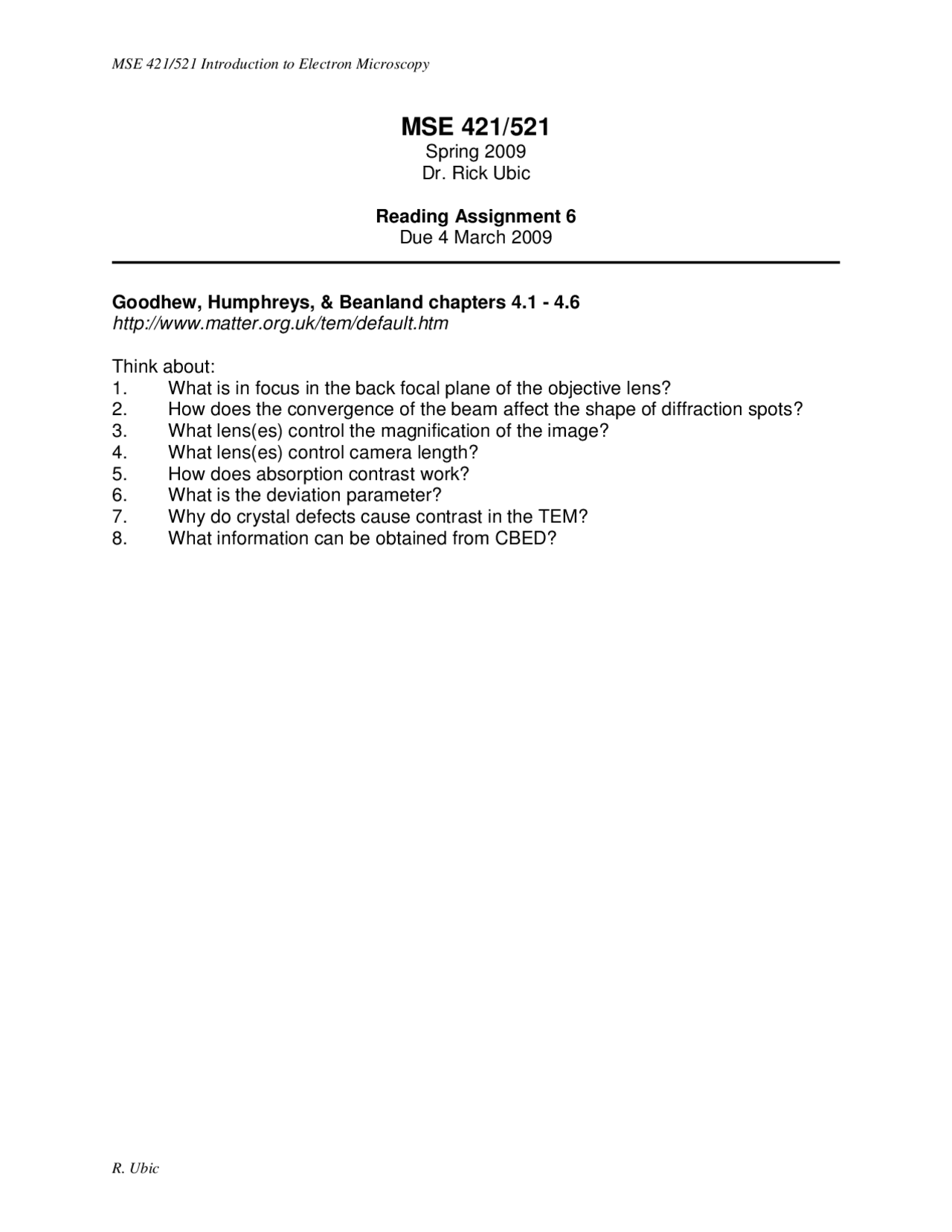 Assignment 6 Problems Introduction To Electron Microscopy Mse 421