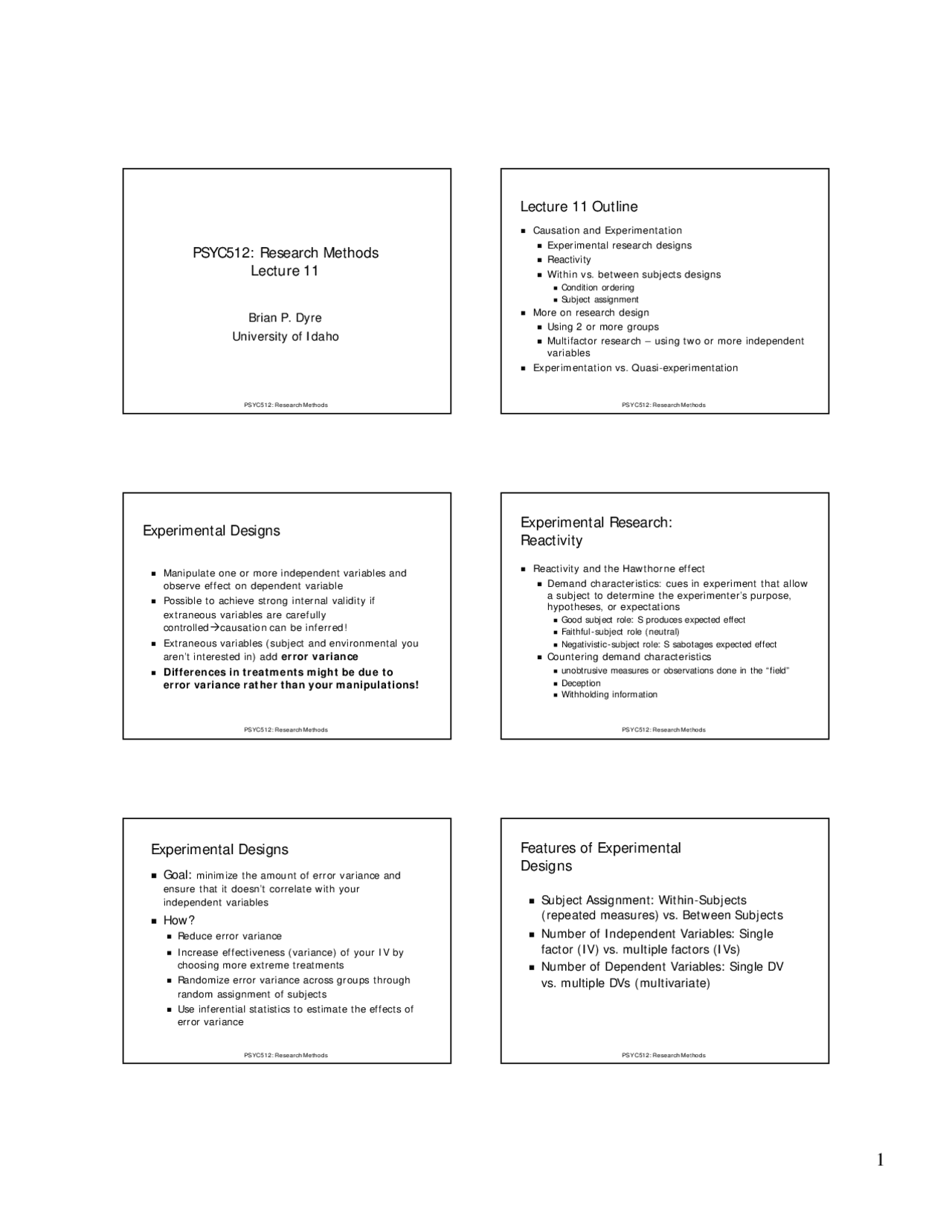 Lecture Slides on Experimental Design - Research Methods | PSYC 512 - Docsity