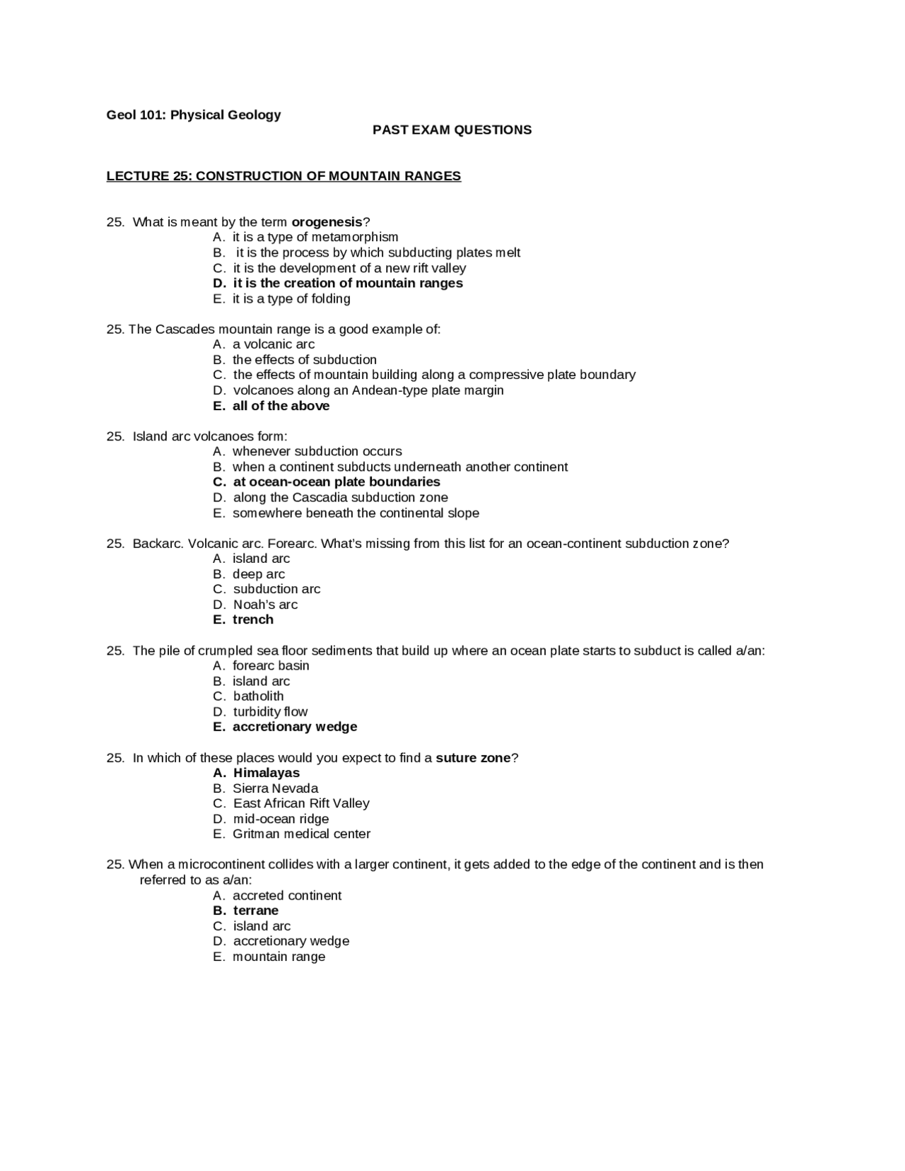 Past Exam Questions For Physical Geology GEOL 101 Exams Geology past-exam-questions-for-physical-geology-geol-101-exams-geology