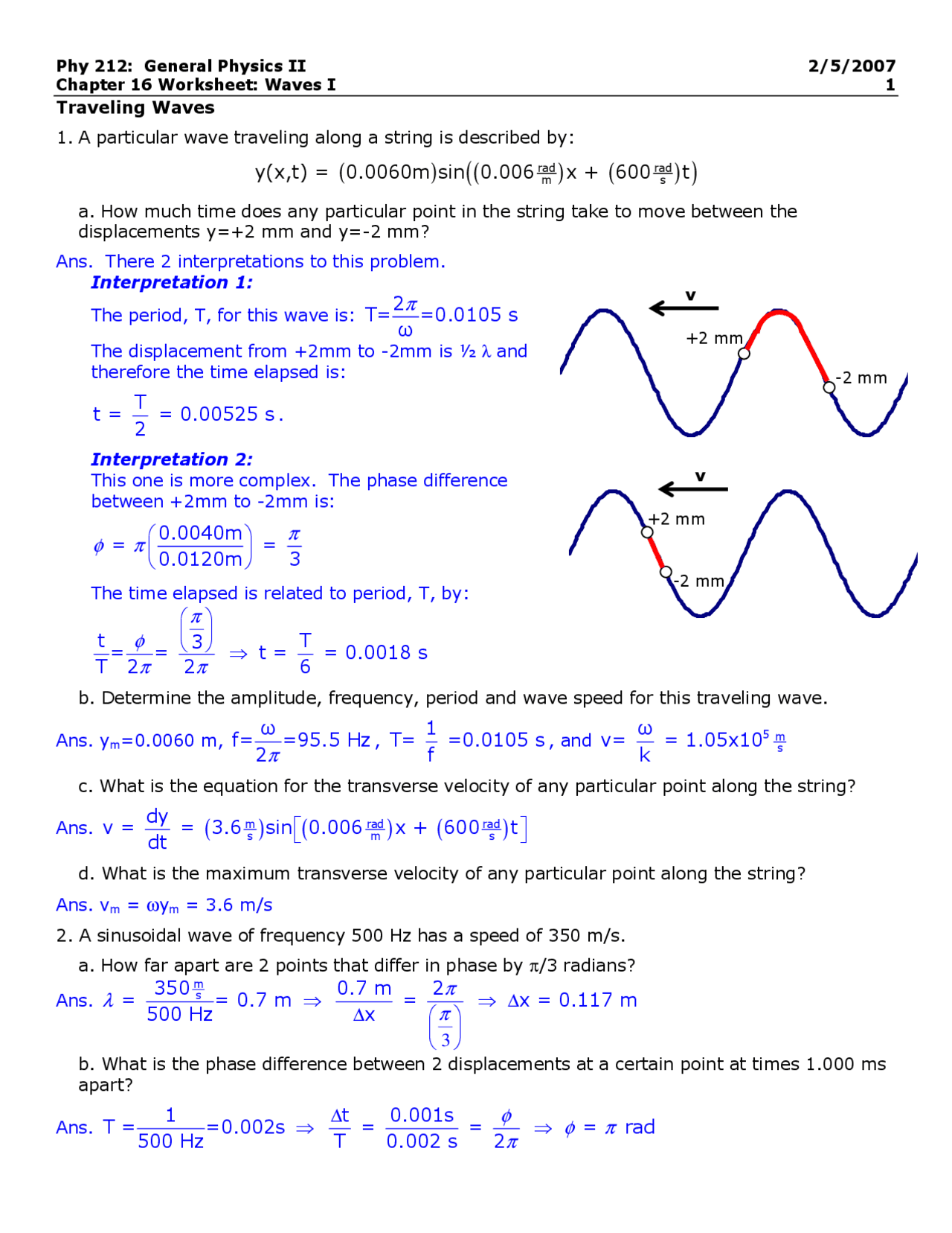 Waves I Worksheet Problems With Answers General Physics Ii Phy