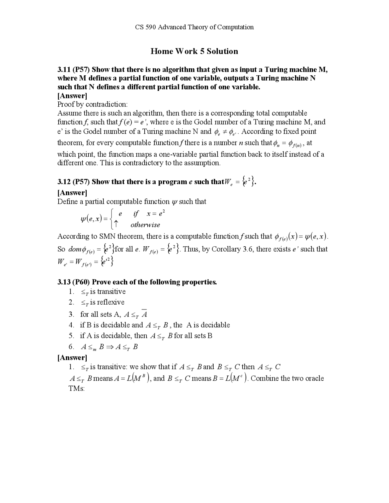 Theory Of Computation Homework 5 With Solutions Cs 590 Docsity