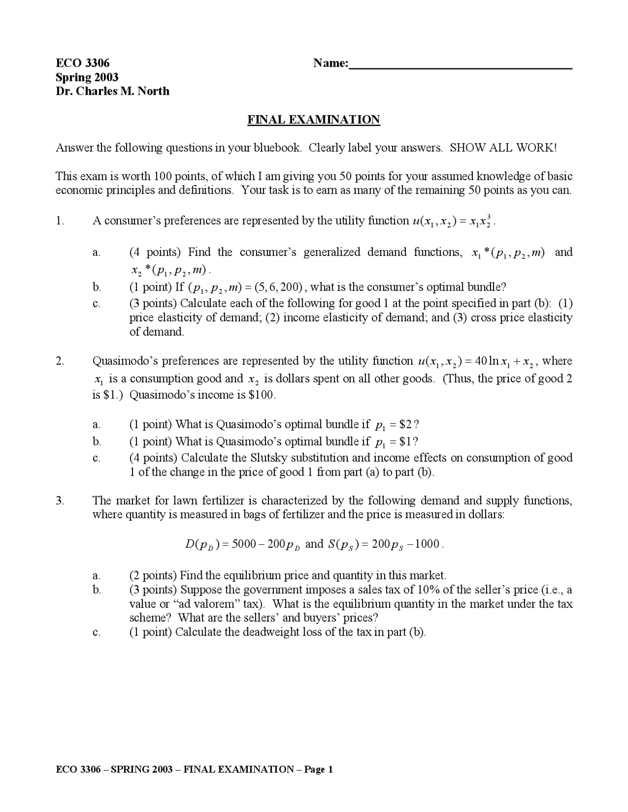 Practice Final Exam Intermediate Microeconomic Analysis Eco 3306
