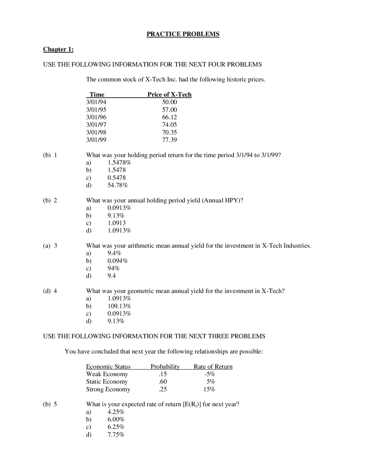 42 Practice Problems On Portfolio Analysis Fin 4315 Docsity