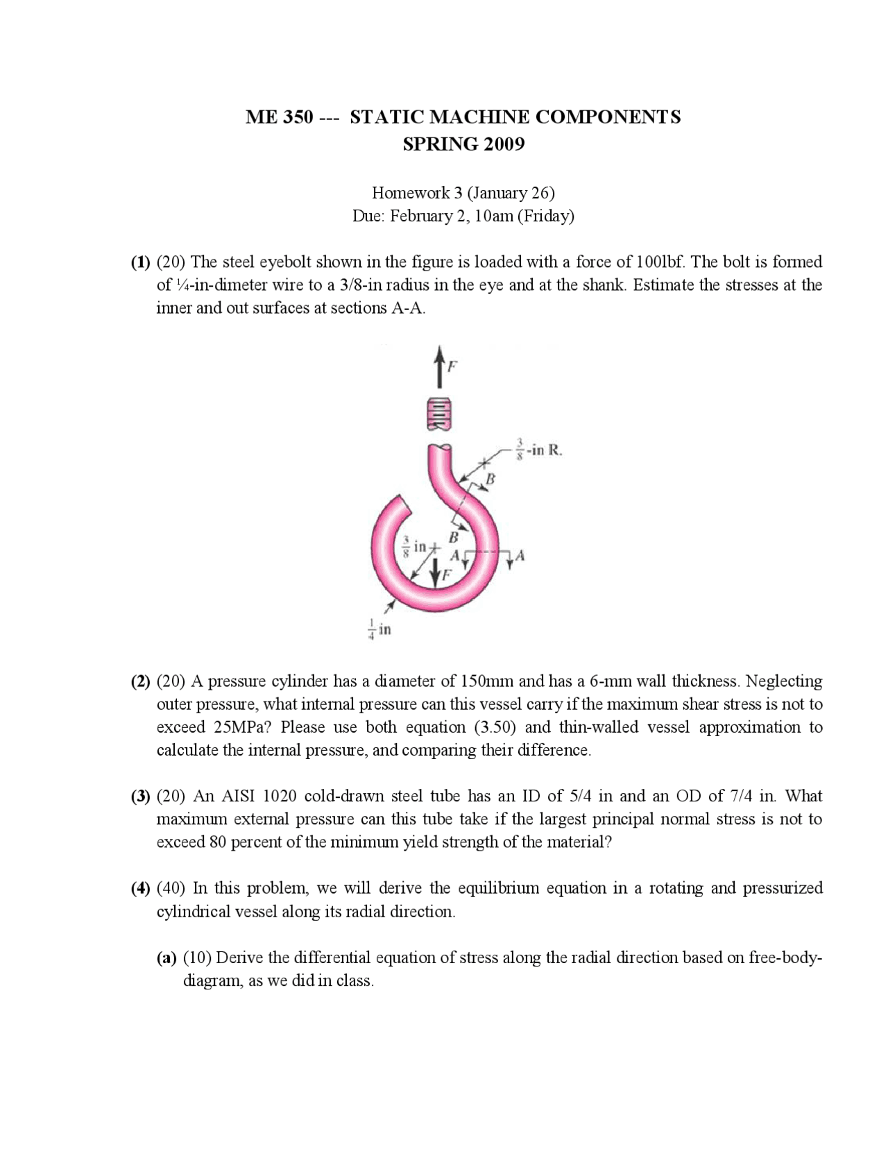 Static Machine Components Homework 3 Me 350 Docsity