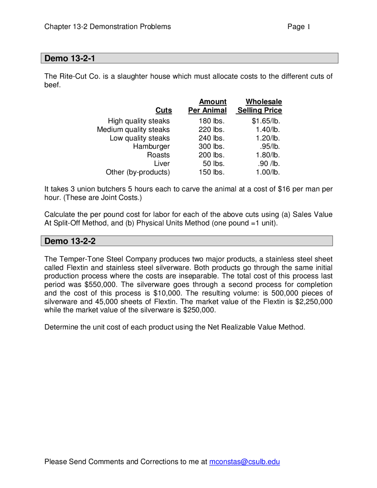 Cost Accounting For Managers Demonstration Problems Acct 310 Docsity