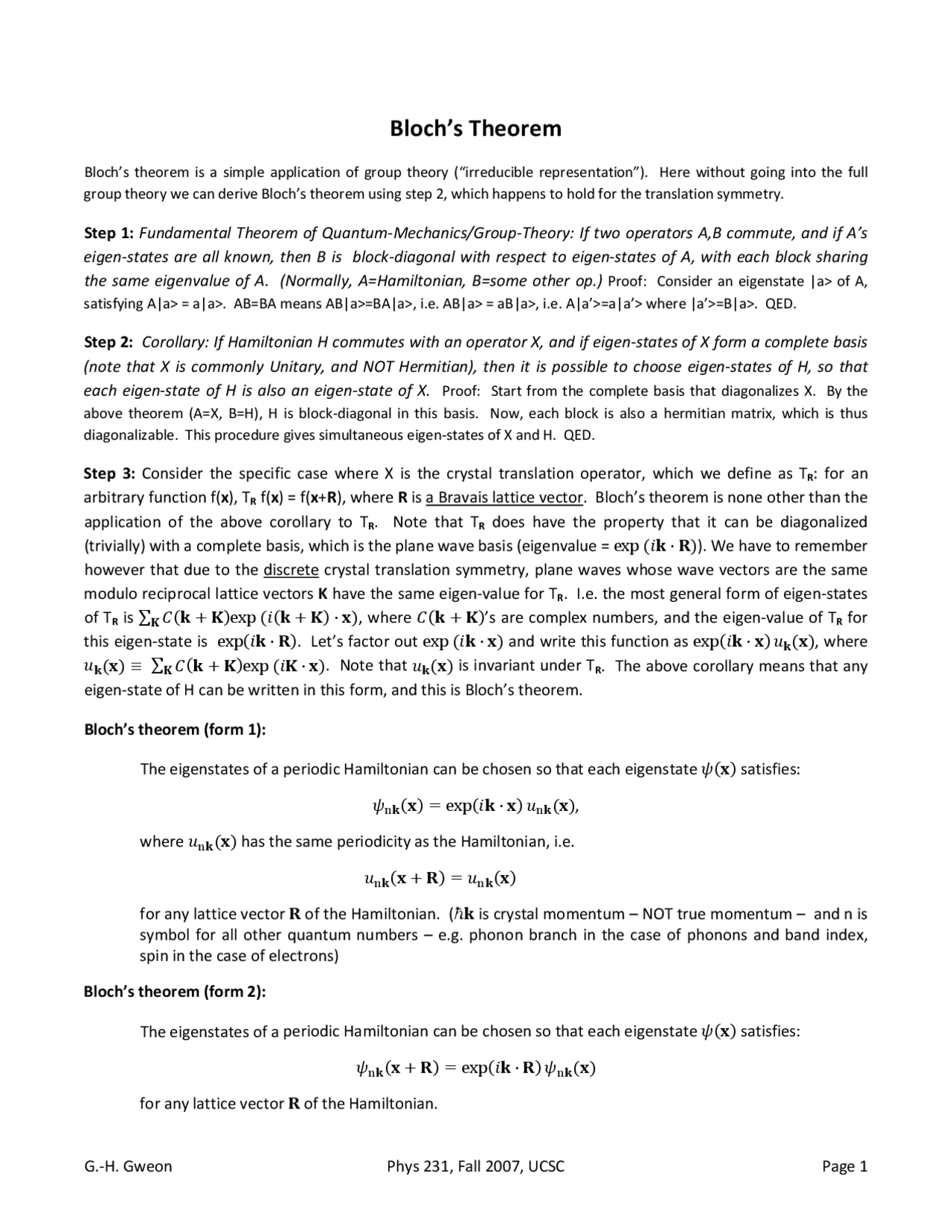 Lecture Notes On Blochs Theorem Condensed Matter Physics Phys 231