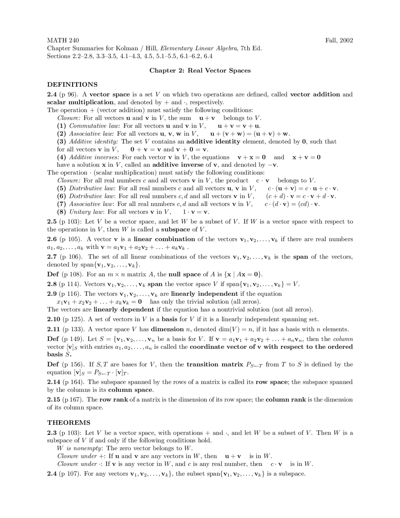 Notes on Real Vector Spaces - Linear Algebra and Applications | MATH ...