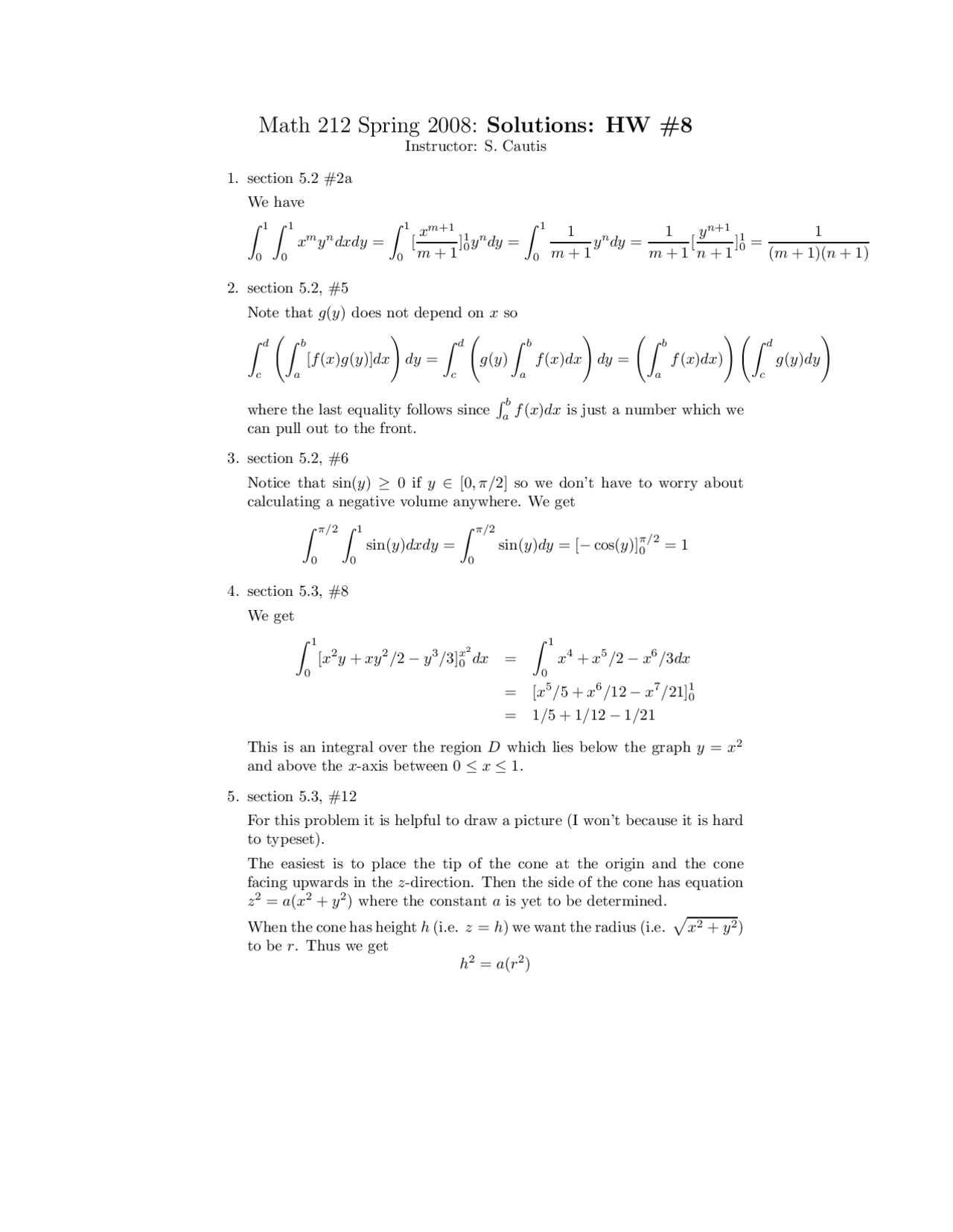 Multivariable Calculus Solved Homework 8 Math 212 Assignments