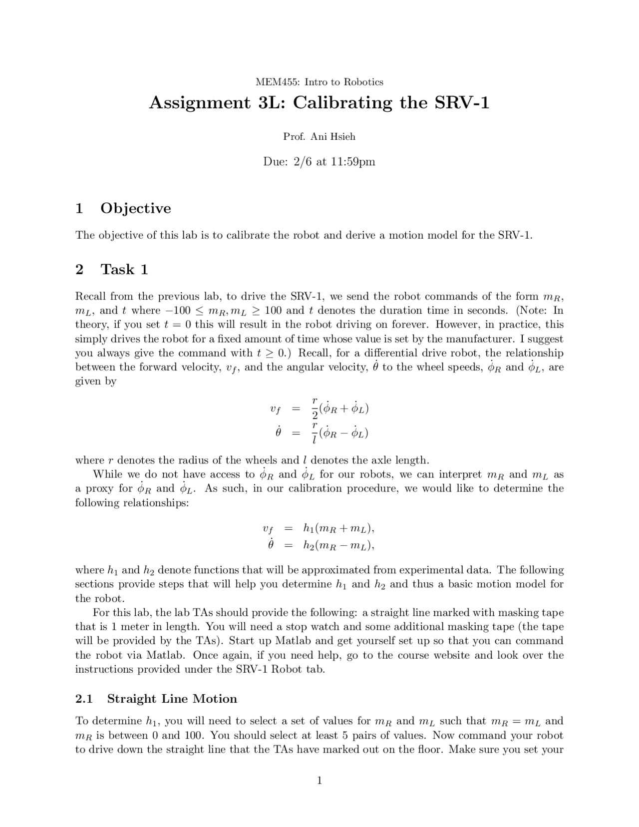 Calibrating The Srv 1 Introduction To Robotics Homework 3 Mem 455