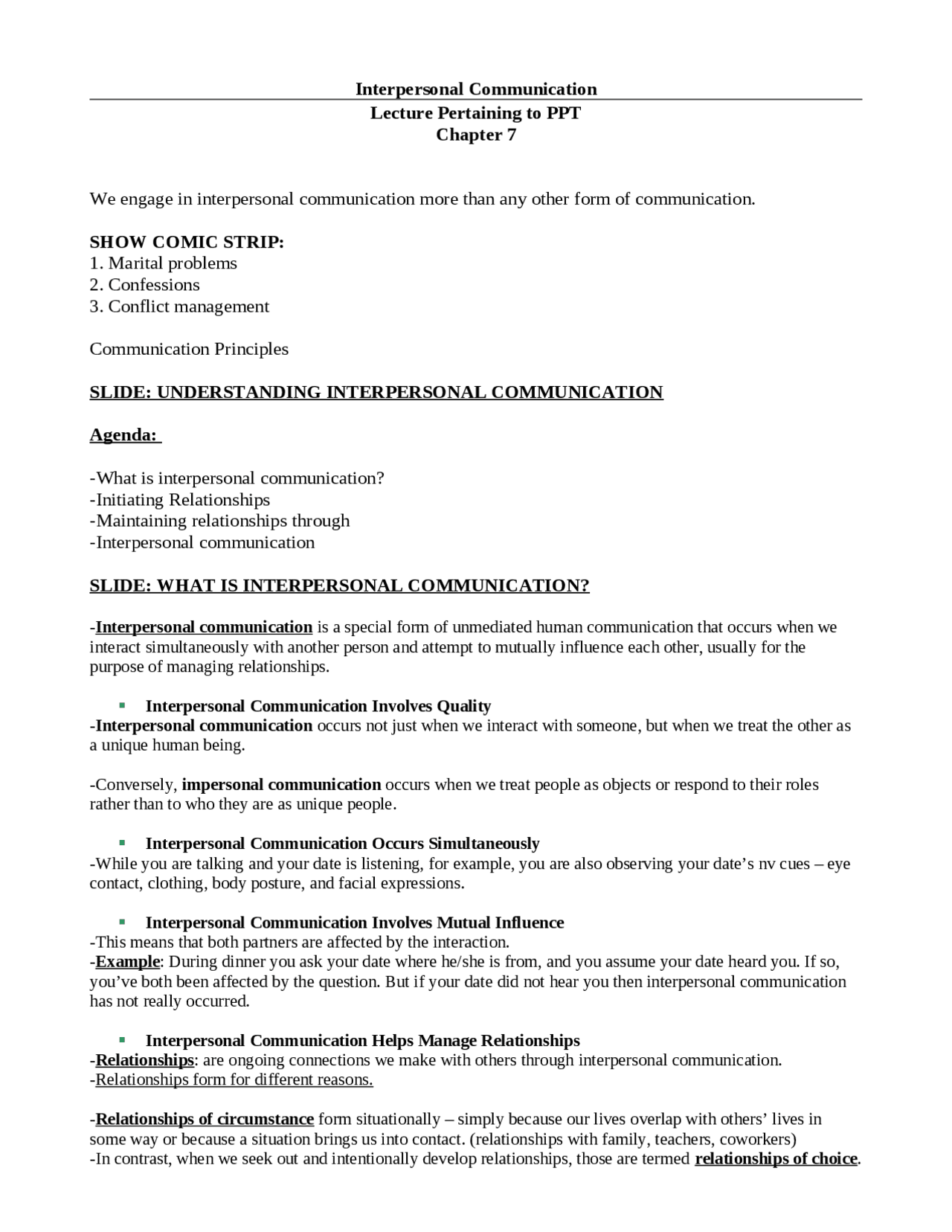 Lecture Notes On Interpersonal Communication Hcom 100 Docsity