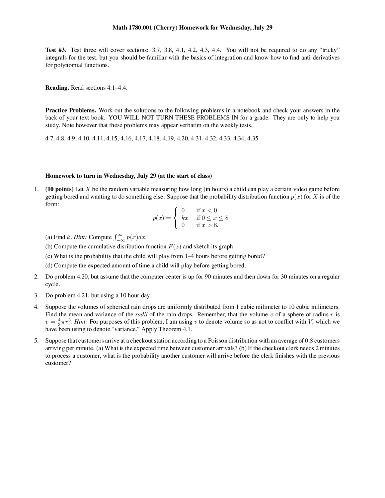 Math 1780.001 Homework: Prob. Distributions, Integration, & Poisson ...