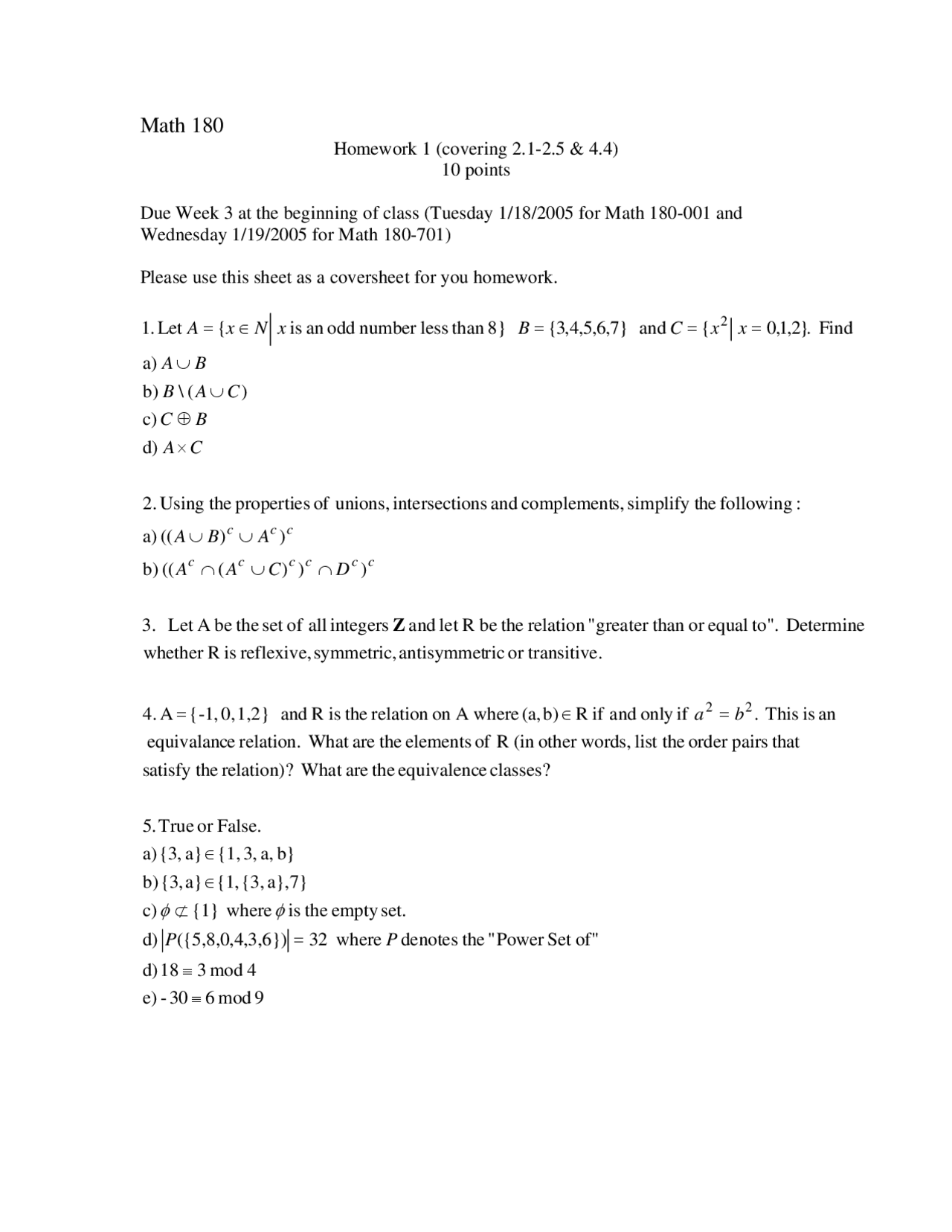 Homework 1 Problems Discrete Computational Structures Math 180