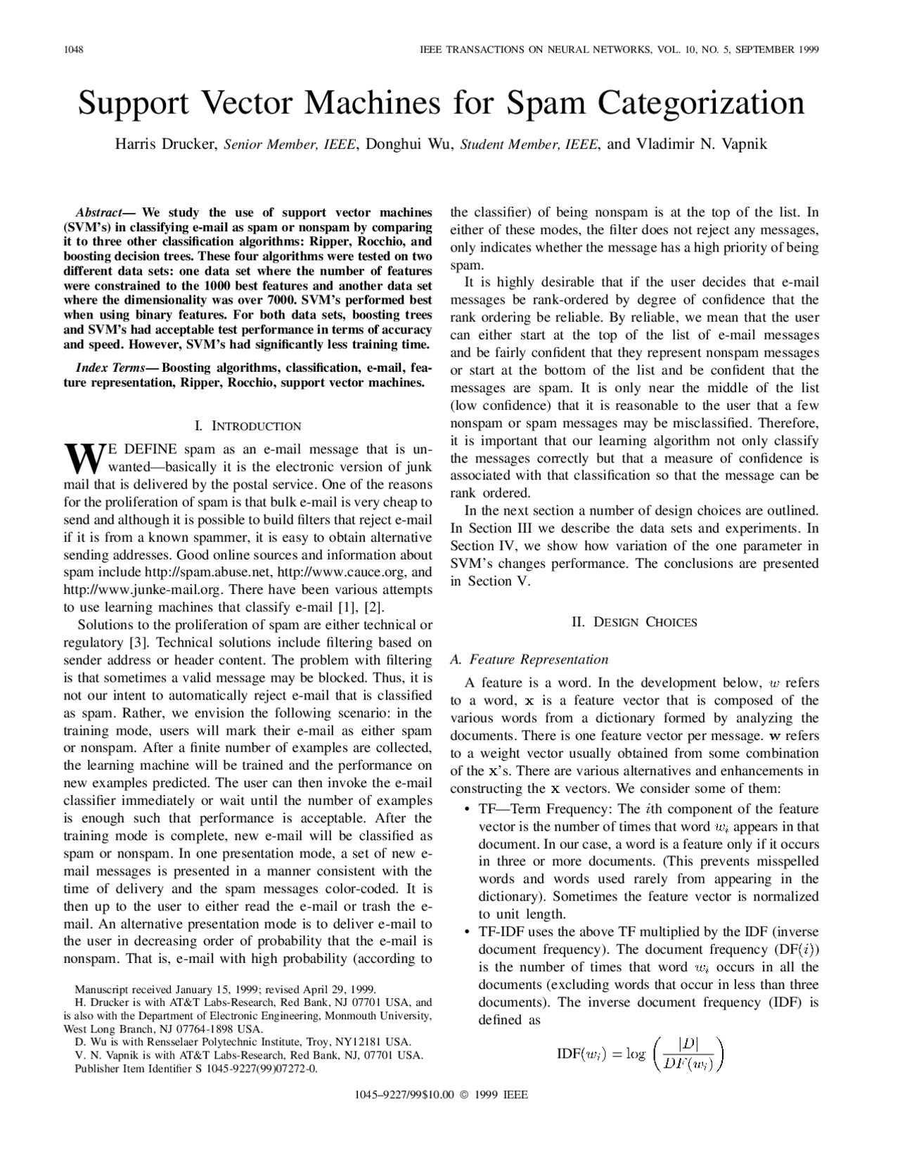 Support Vector Machines for Spam Categorization | CMPS 242 - Docsity