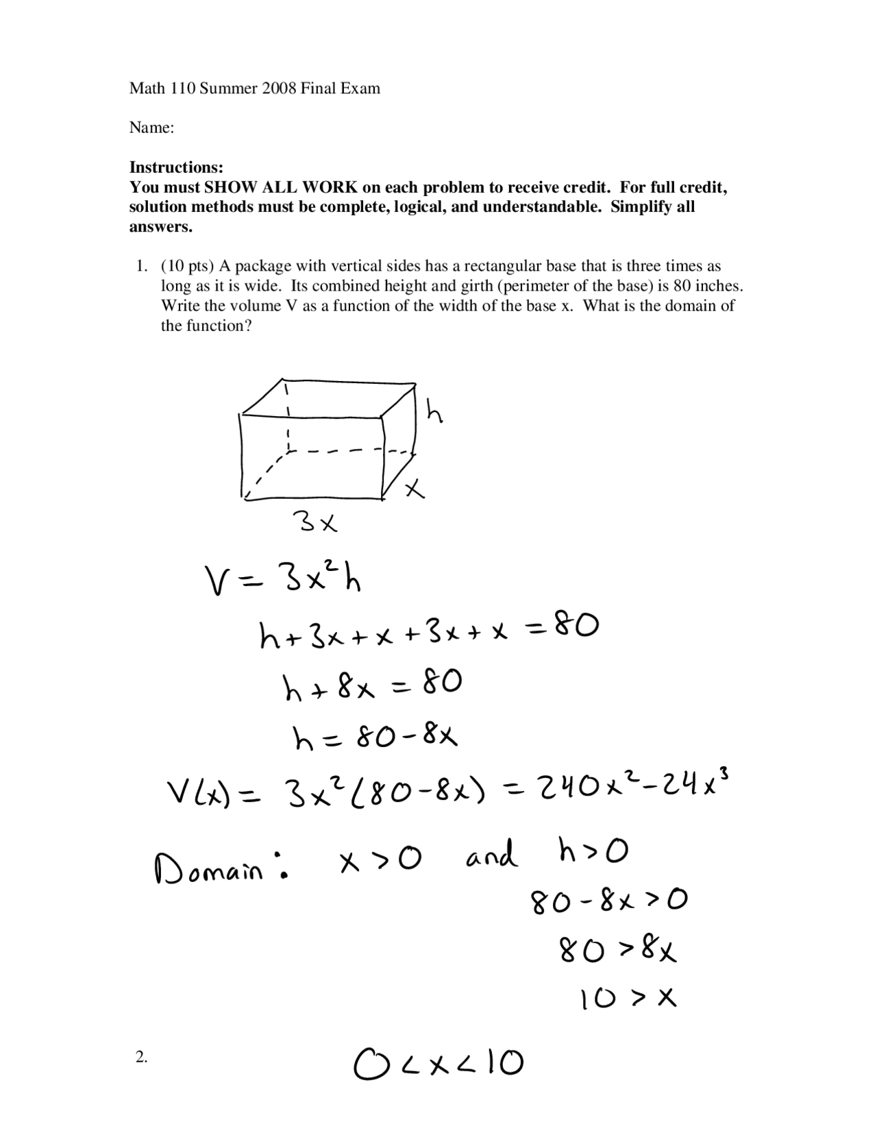 Final Exam With Solution For Precalculus Math 110 Docsity