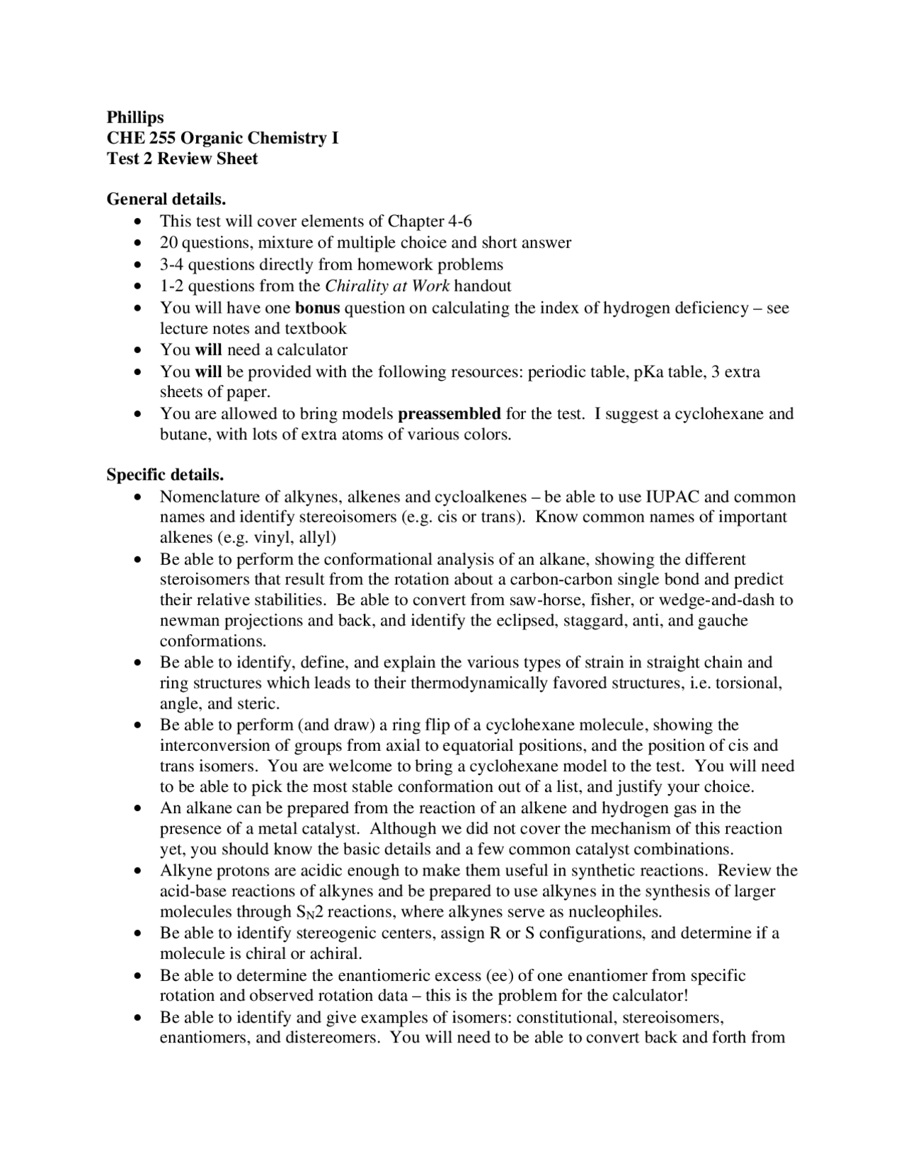Exam 2 Review Sheet - Organic Chemistry | CHE 255 | Exams Organic ...