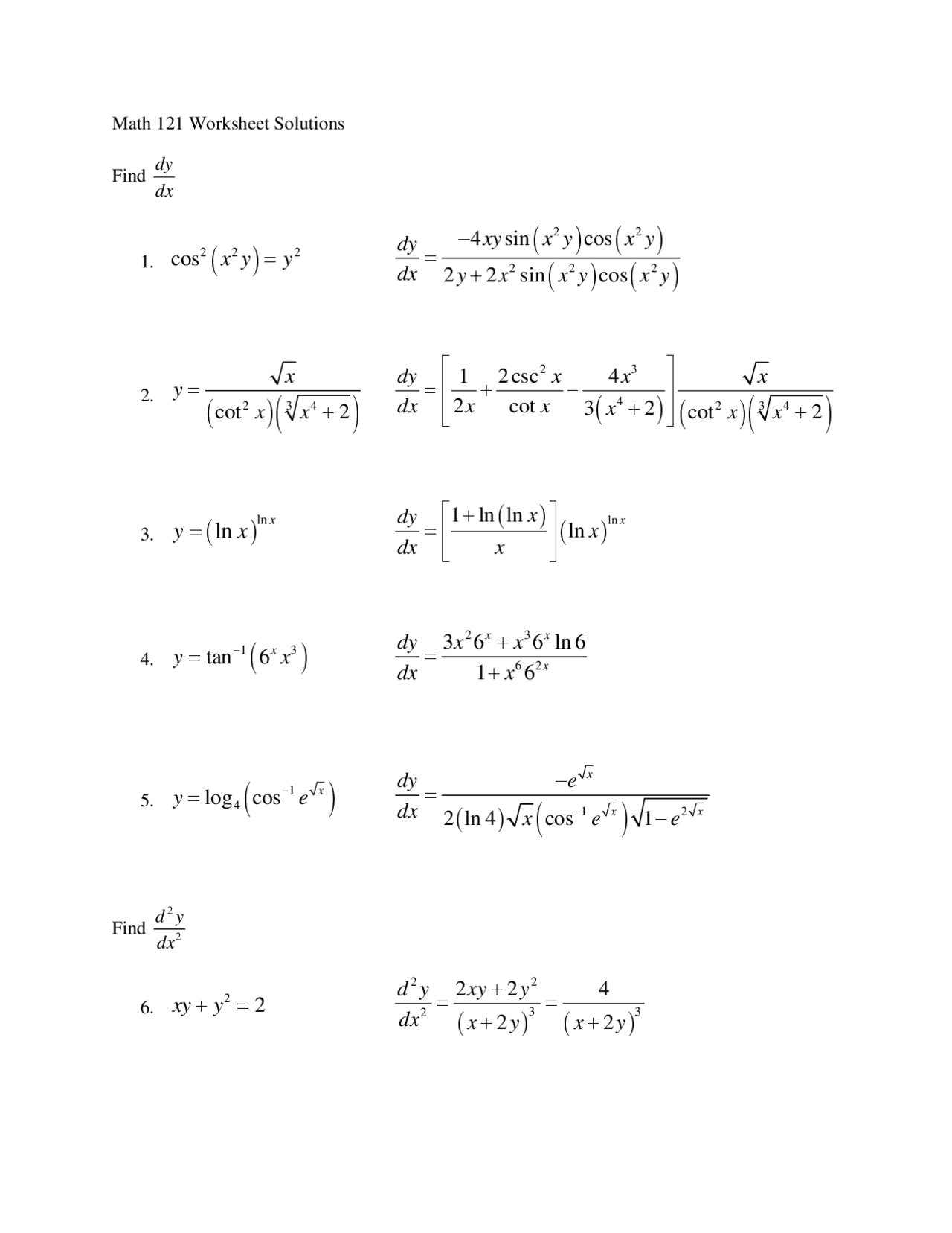 Worksheet With Answers Calculus I Math 121 Docsity