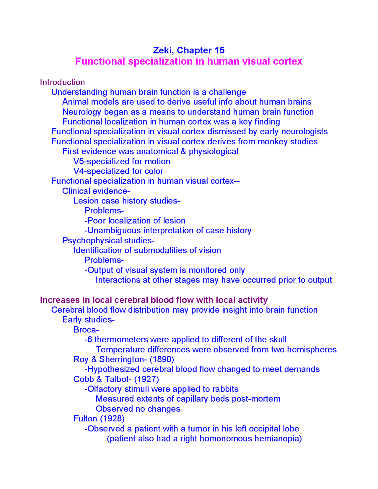 Notes On Functional Specialization In Human Visual Cortex Bios 481 Docsity