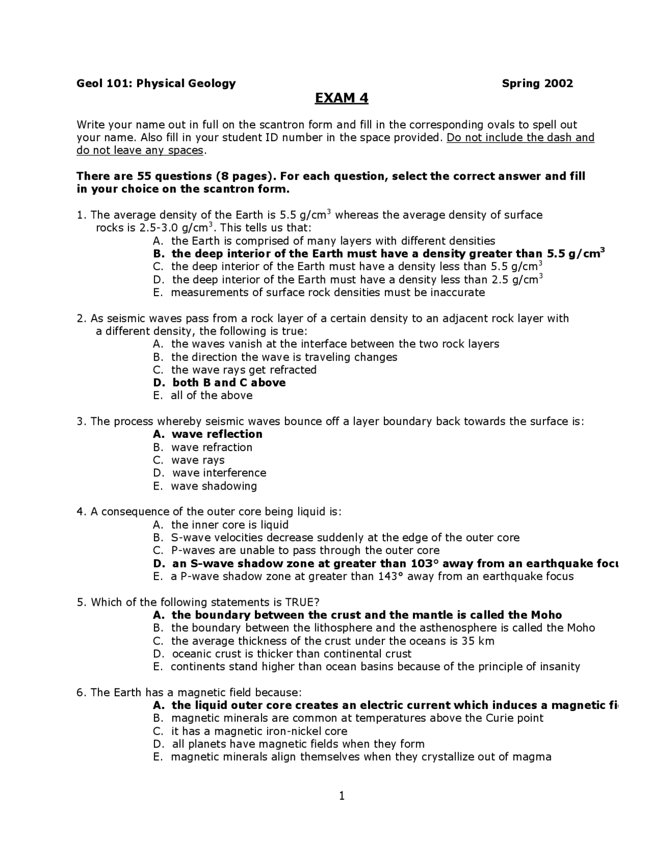 Exam 4 For Physical Geology Spring 2002 Geol 101 Docsity