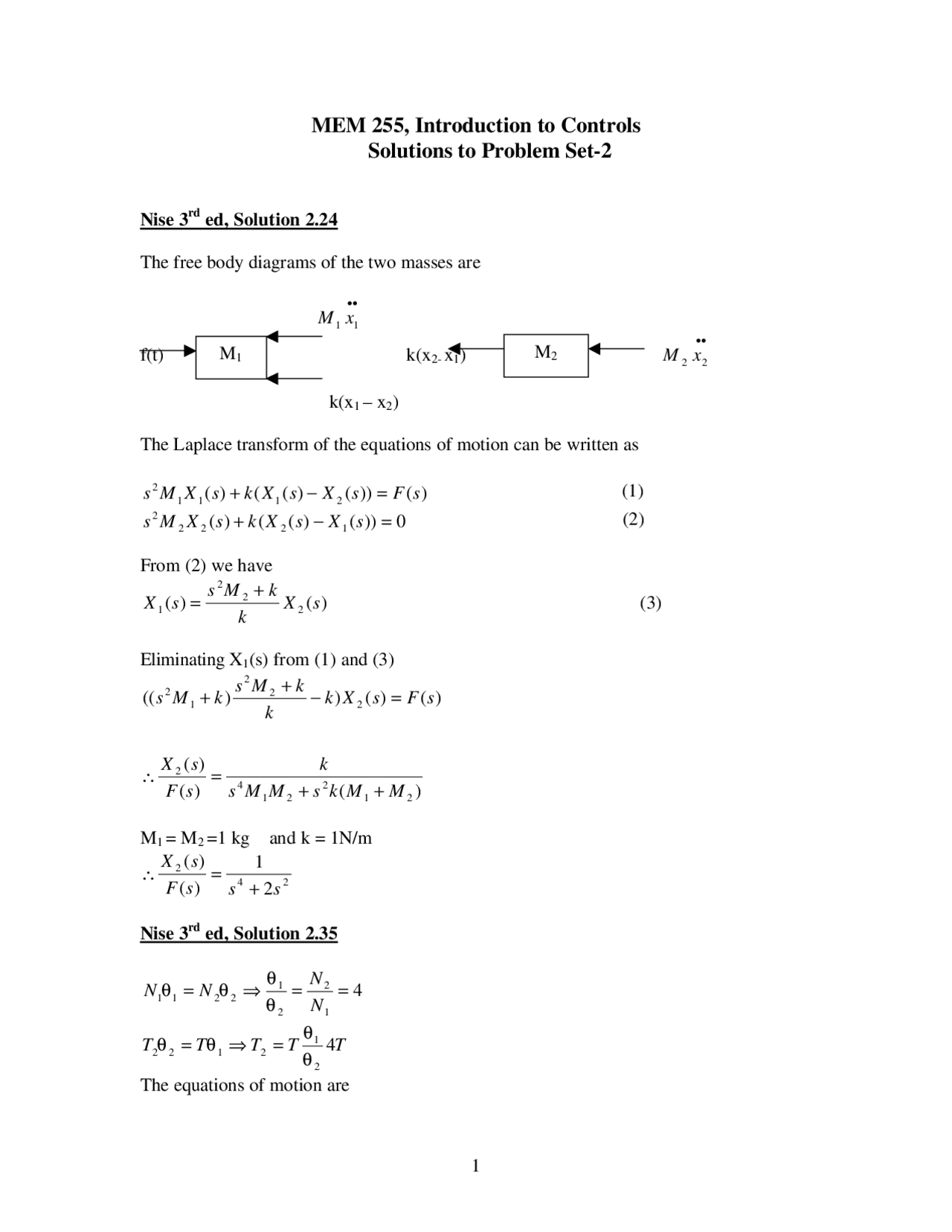 Problem Set 2 With Solutions For Introduction To Controls Mem 255