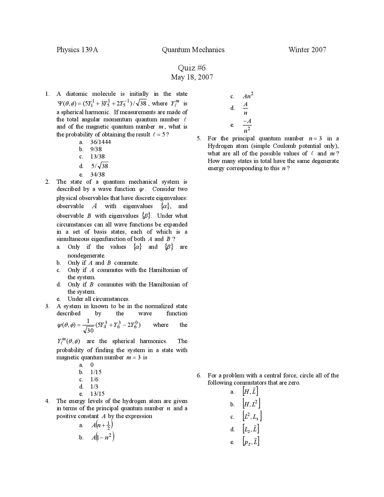 Practice Quiz 6 - Quantum Mechanics | PHYS 139 - Docsity