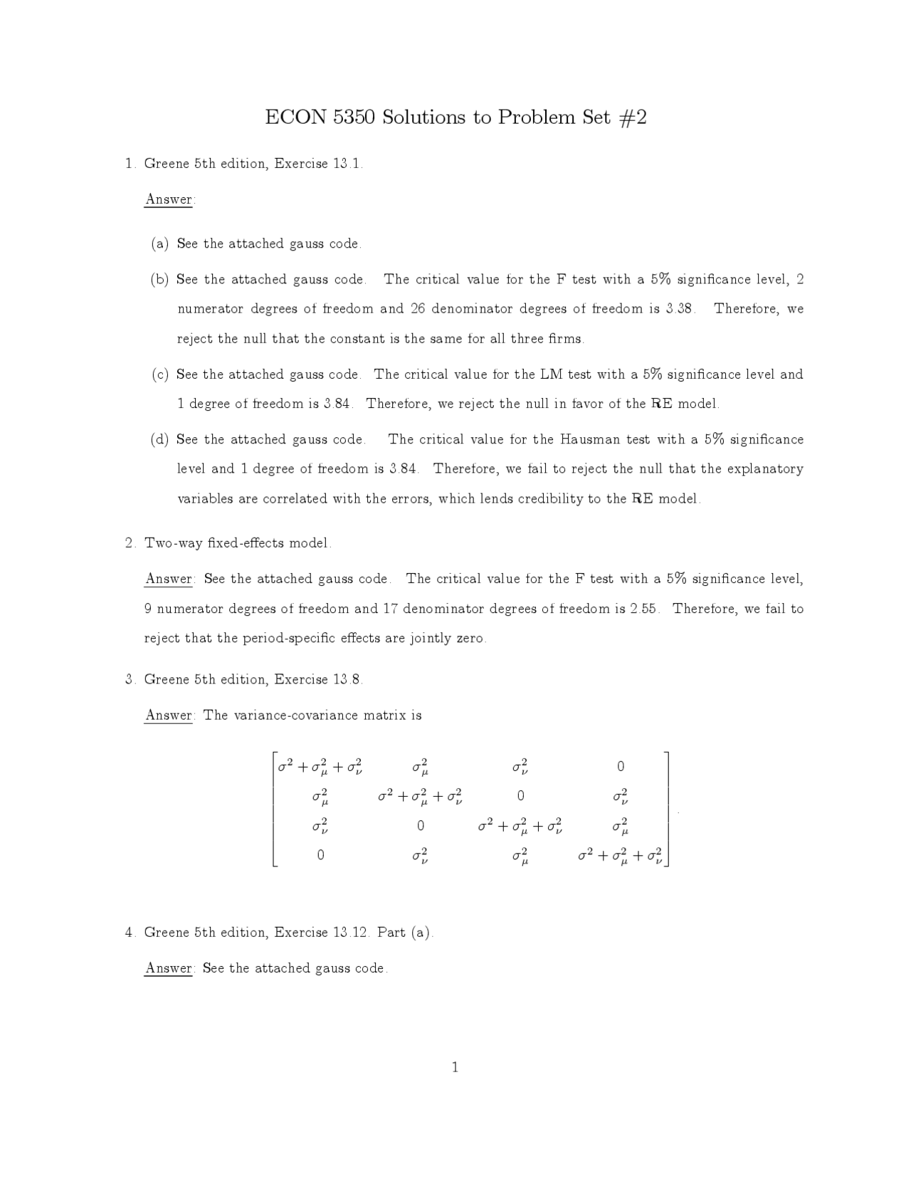 Solutions To Problem Set 2 For Advanced Econometric Theory Econ 5350