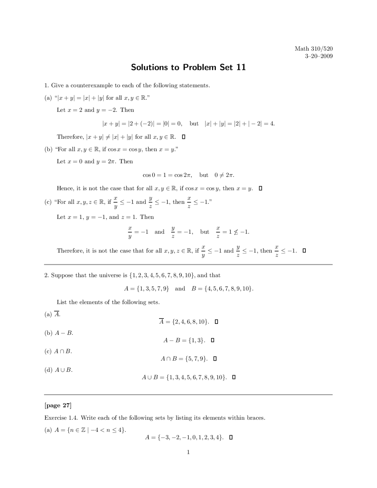 Solutions For Assignment 11 Introduction To Mathematical Proof Math