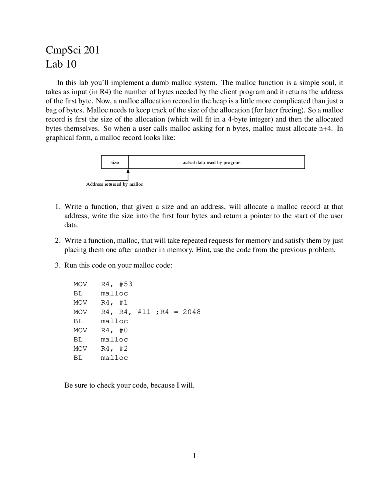 Implementation Of A Dumb Malloc System Lab 10 Cmpsci 201 Docsity