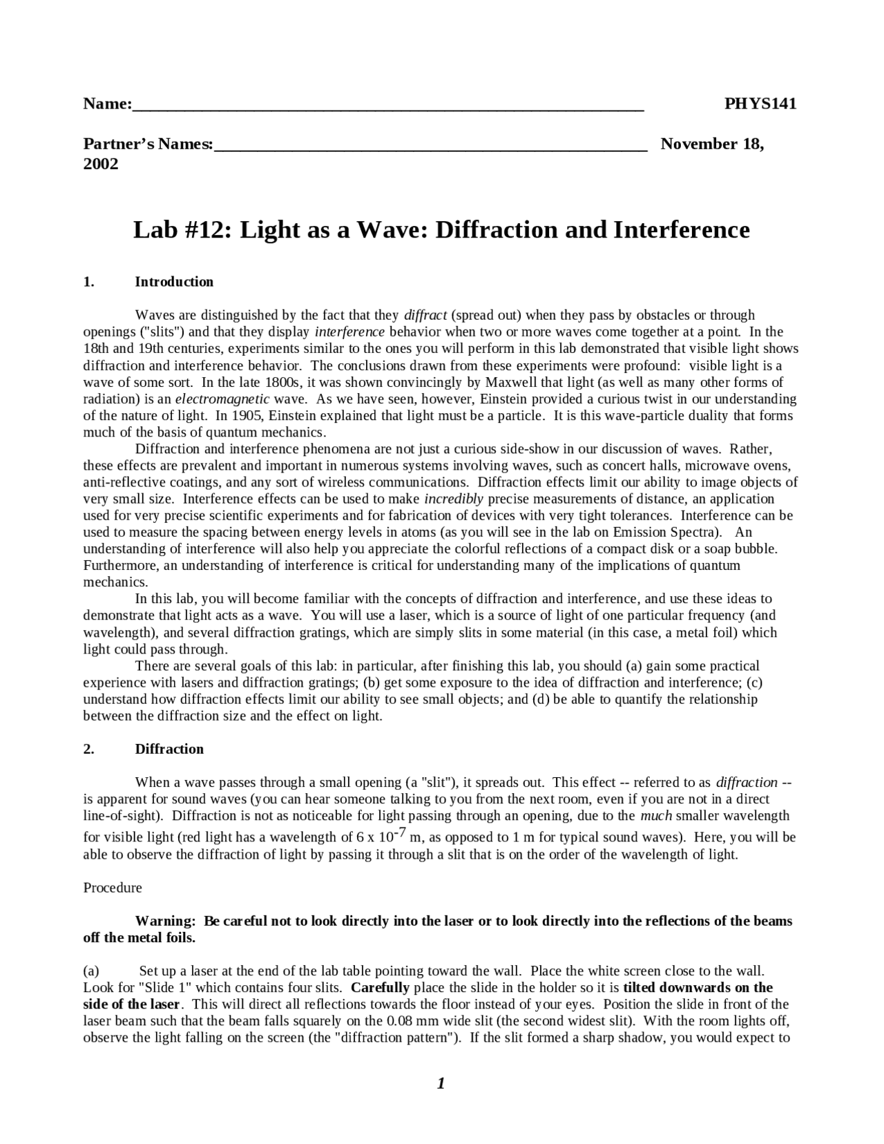 Light As A Wave Diffraction And Interference Phys 141 Docsity