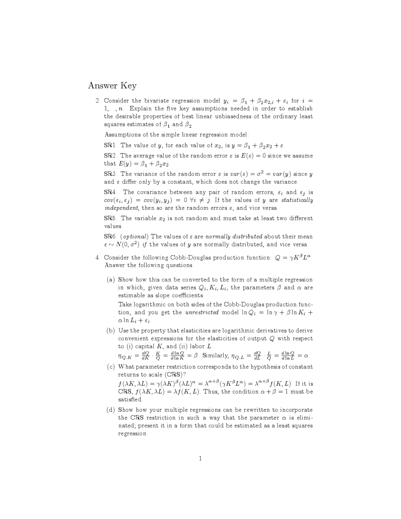 Questions Answer Key For Applied Economics Exam Econ 446 Docsity