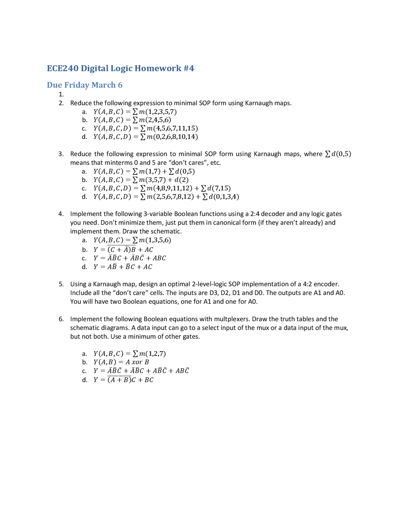 Homework 4 Questions Digital Logic Ece 240 Docsity