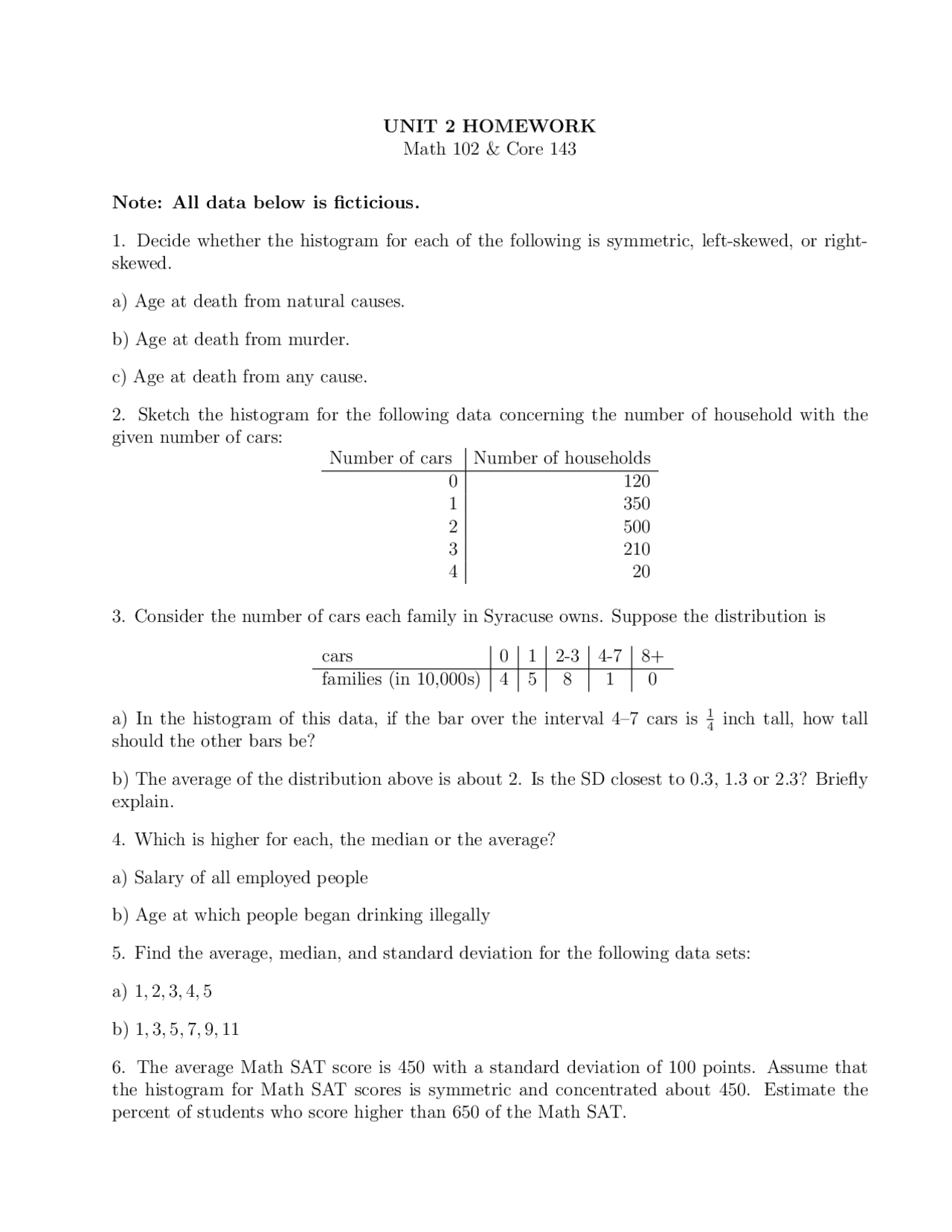 Practice Homework Introduction To Statistics Math 102 Docsity