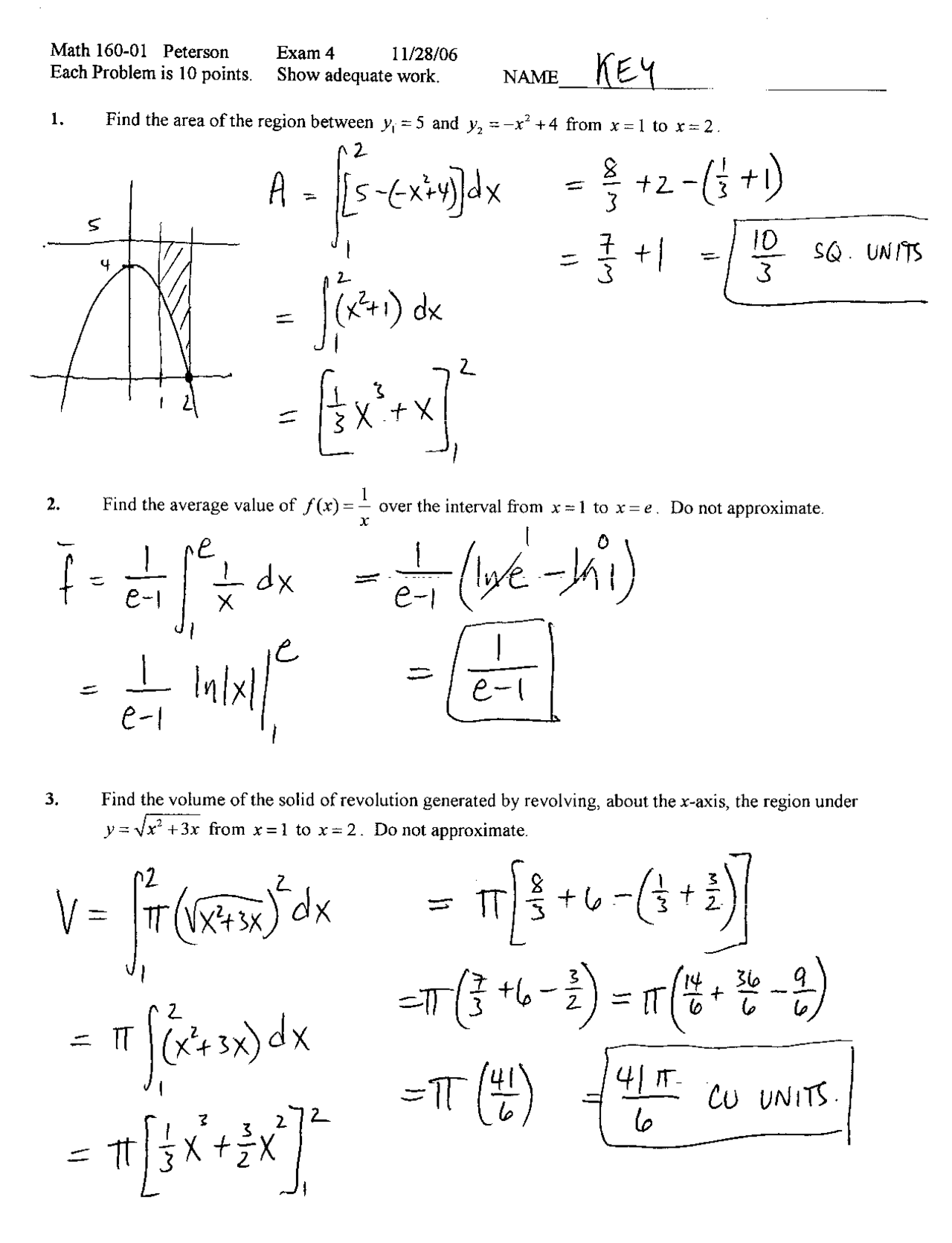 Exam 2 Answers Key Survey Of Calculus Math 160 Docsity
