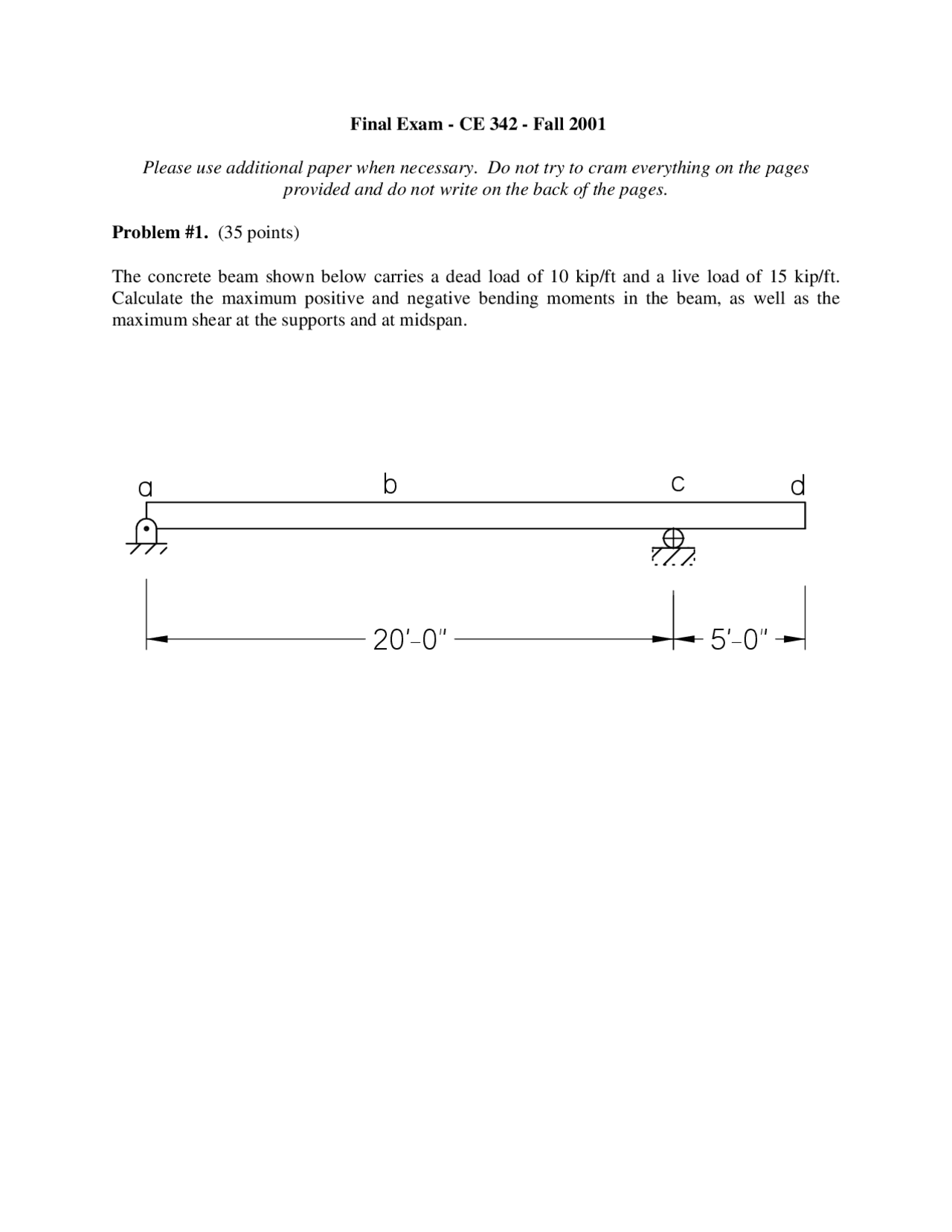 Final Exam Theory Of Structures Fall 2001 Ce 342 Docsity