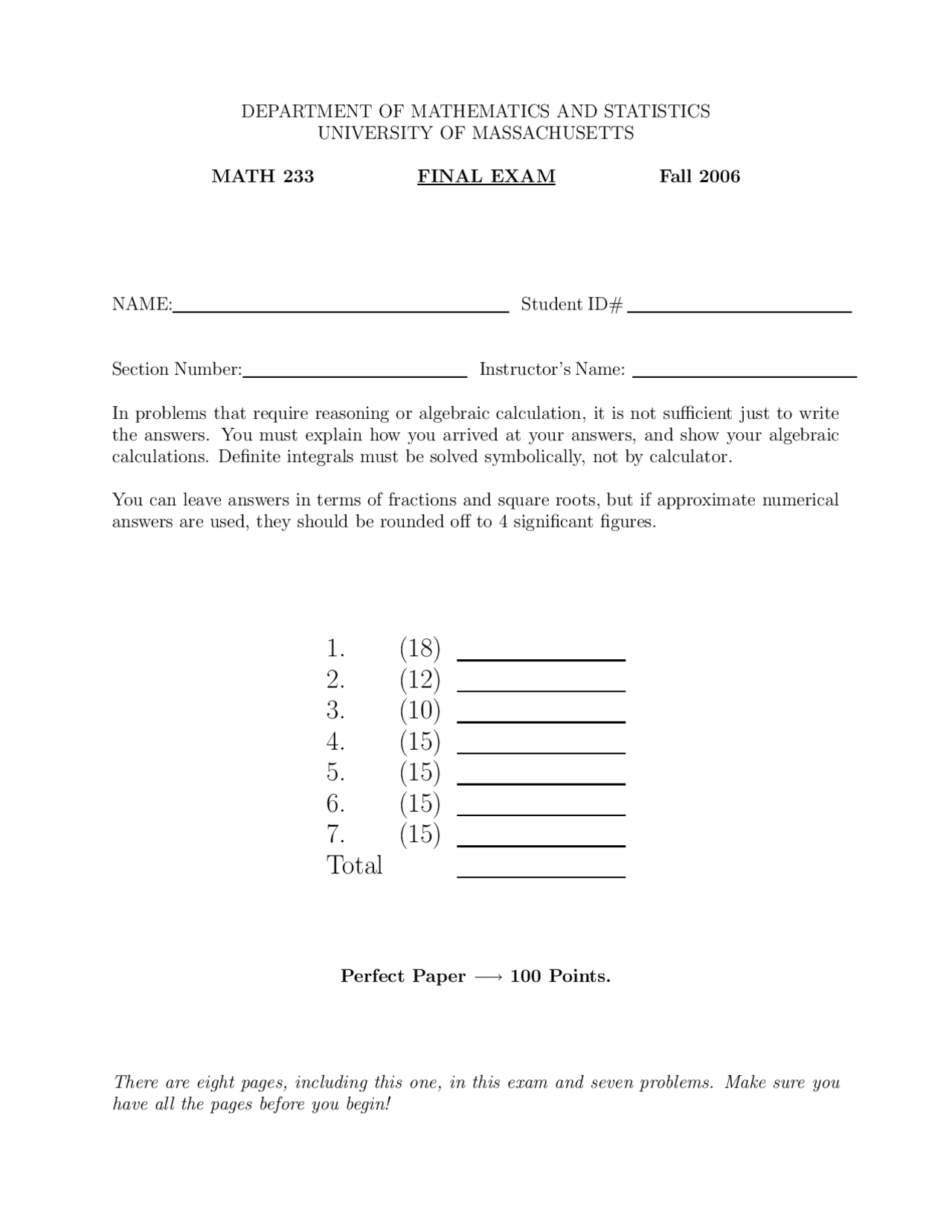 University of Massachusetts - Math 233 Final Exam: Fall 2006 | Exams ...