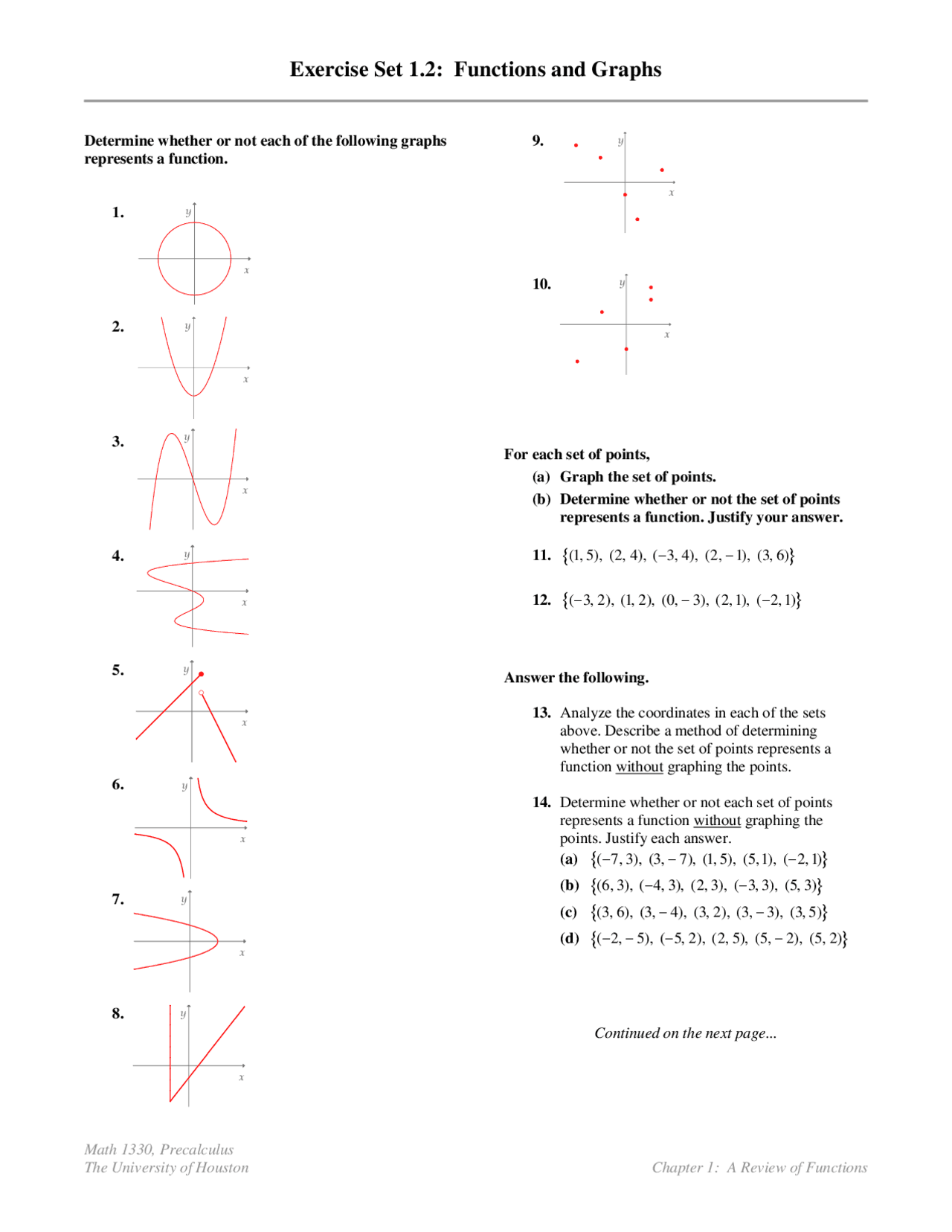 Exercise Set Functions And Graphs Review Sheet Math 1330 Docsity