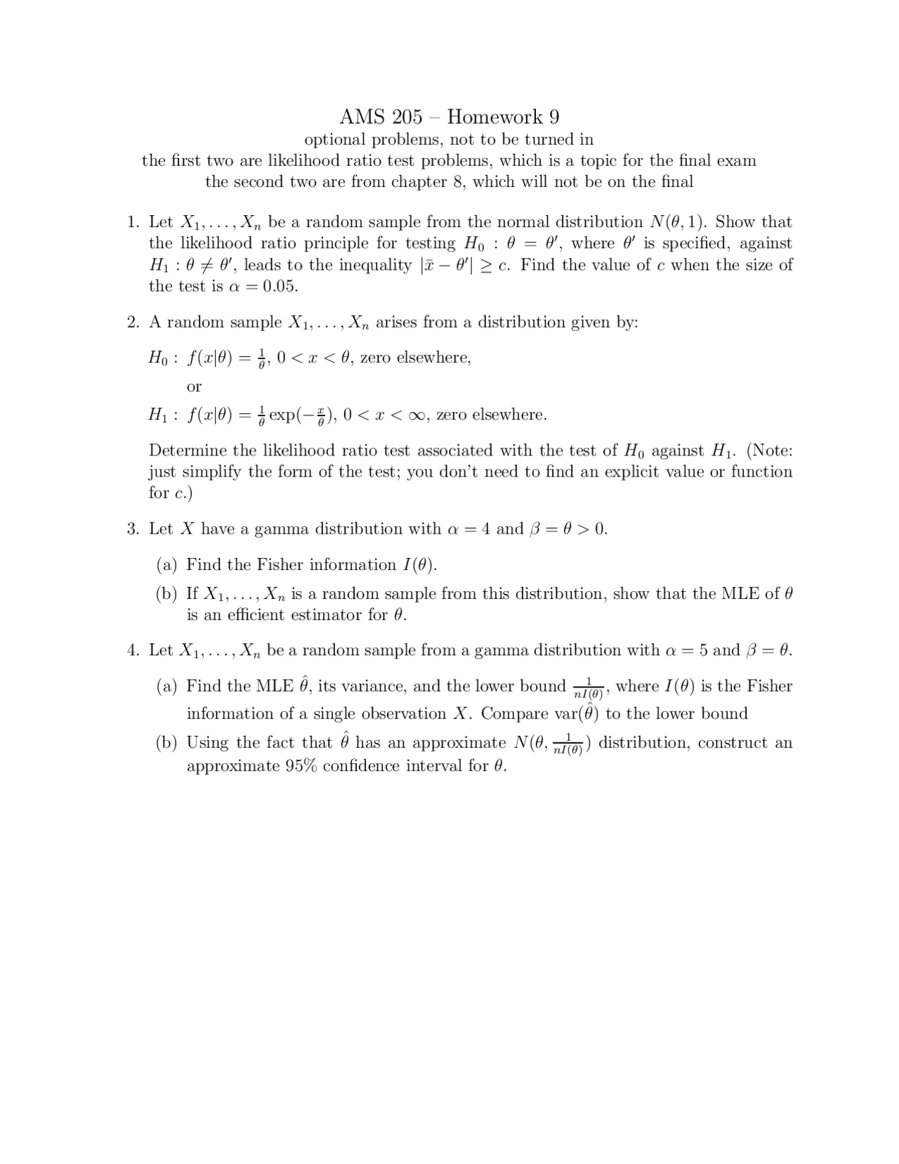 Homework #9 Problems - Mathematical Statistics | AMS 205 - Docsity