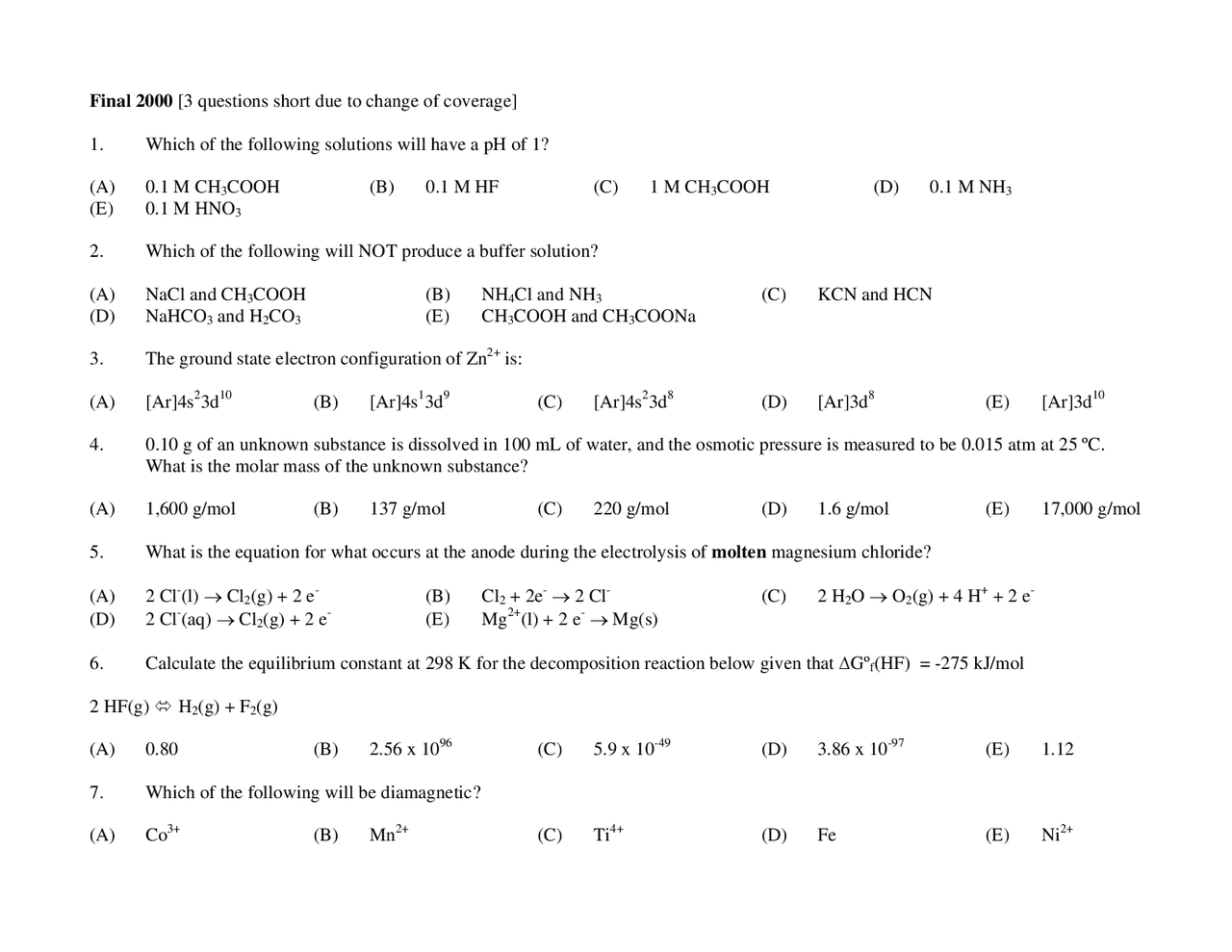 Fundamentals of Chemistry - Practice Final Exam | CHEM 1332 | Exams ...