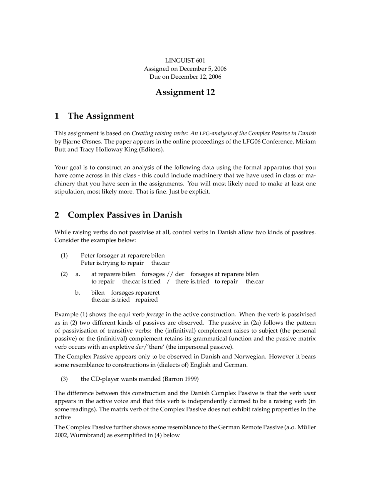 Assignment 12 Complex Passive In Danish Linguist 601 Docsity