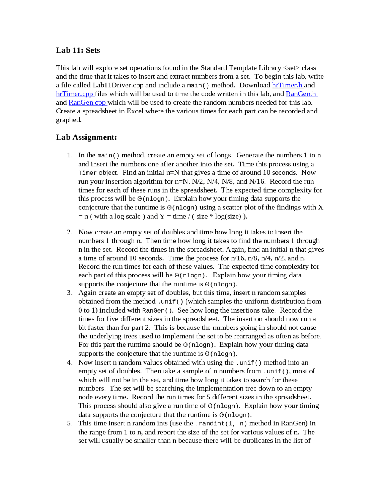 Computer Science Ii Sets For Lab 11 Cosc 2030 Docsity