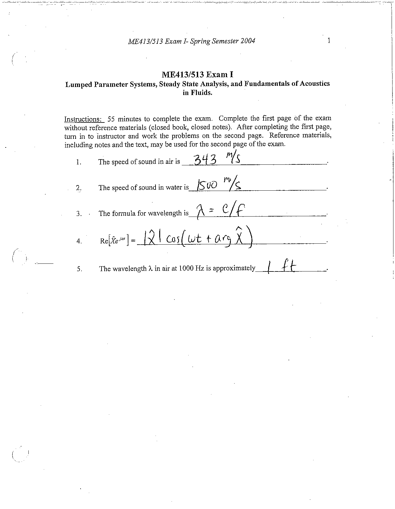 Practice Exam 1 Engineering Acoustics Spring 2004 Me 413 Docsity