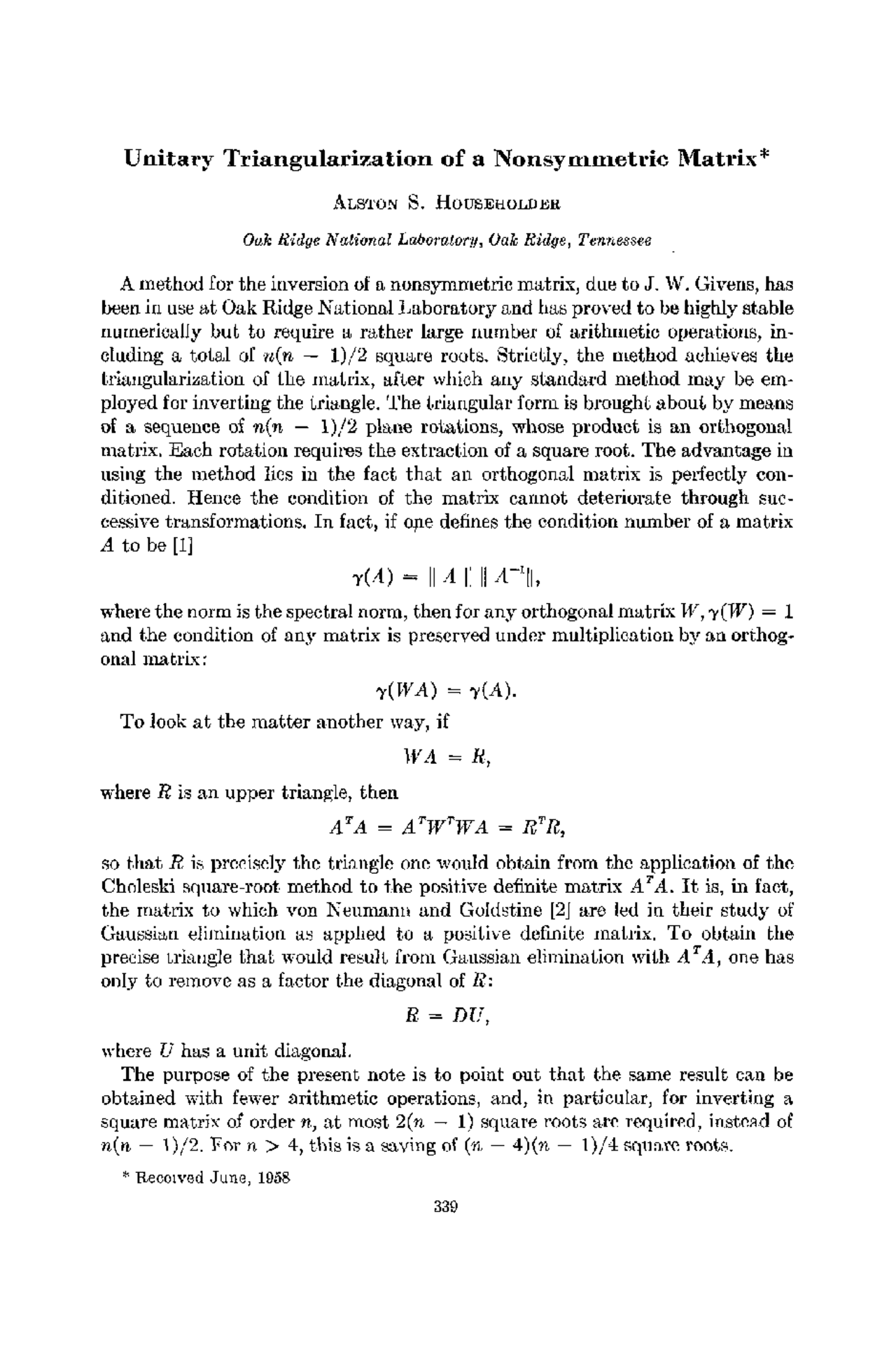 Unitary Triangularization of a Nonsymmetric Matrix | MATH 6370 - Docsity