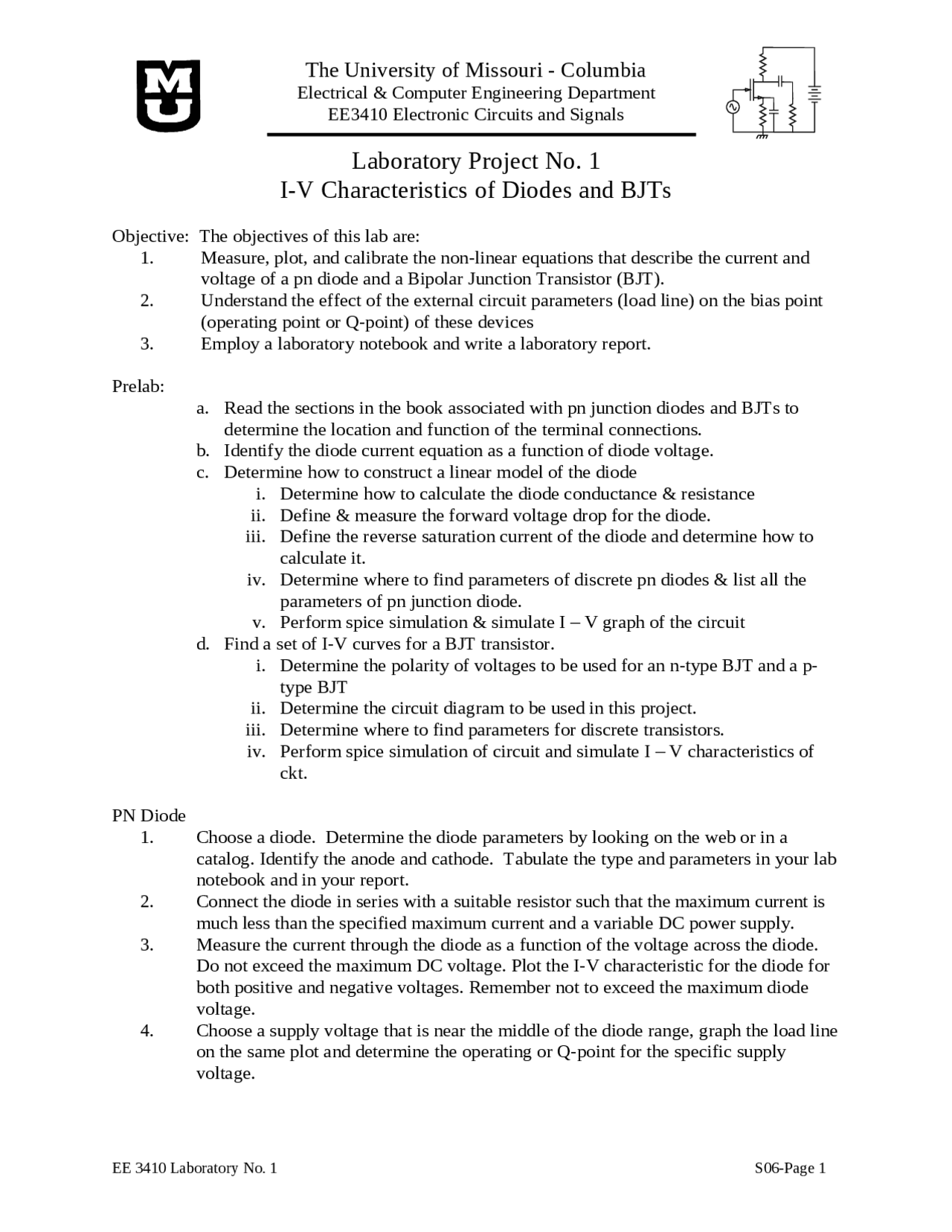 I V Characteristics Of Diodes And Bjts Lab Project 1 Ece 3410 Docsity